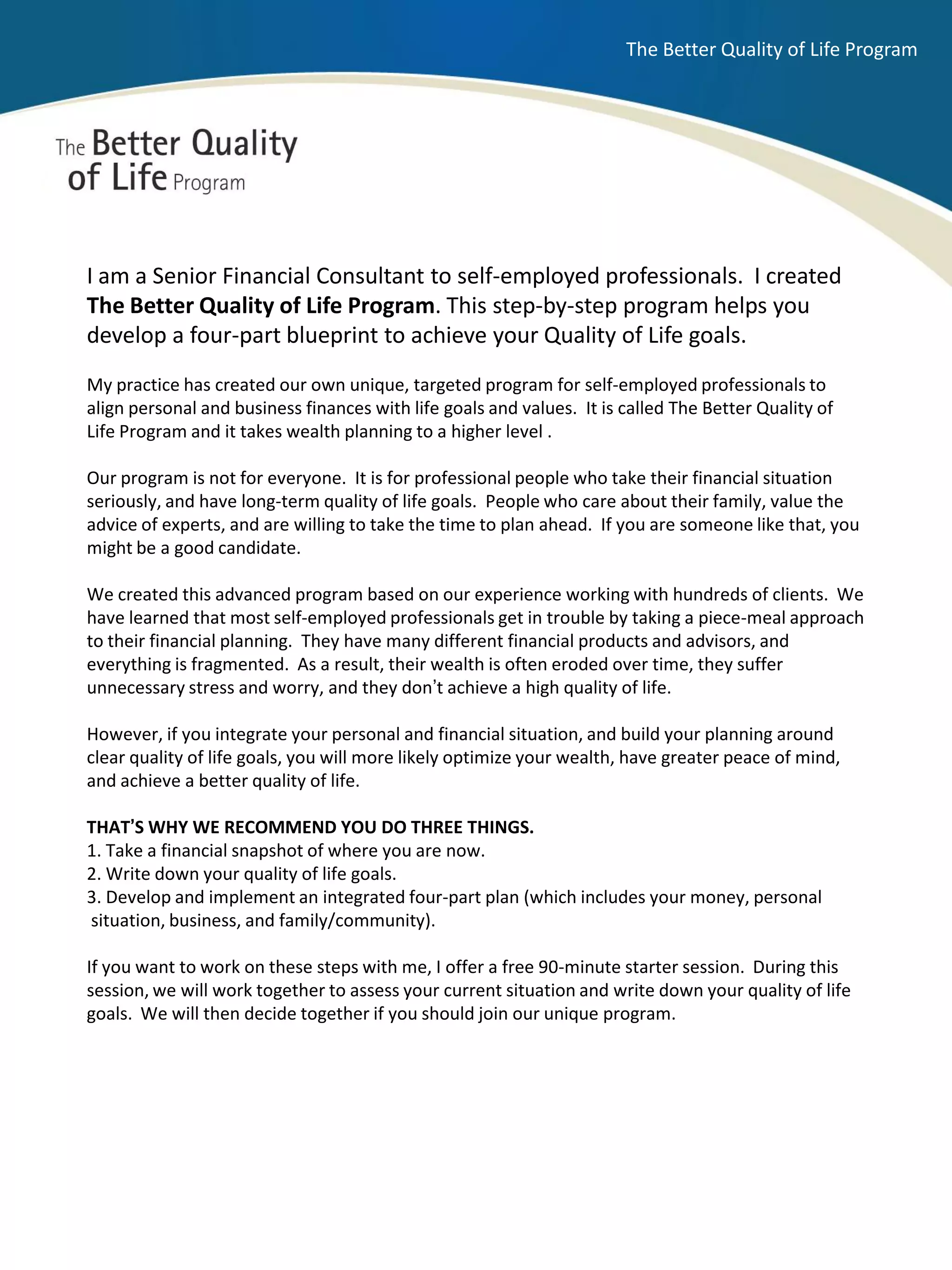 The Better Quality Of Life Program | PDF