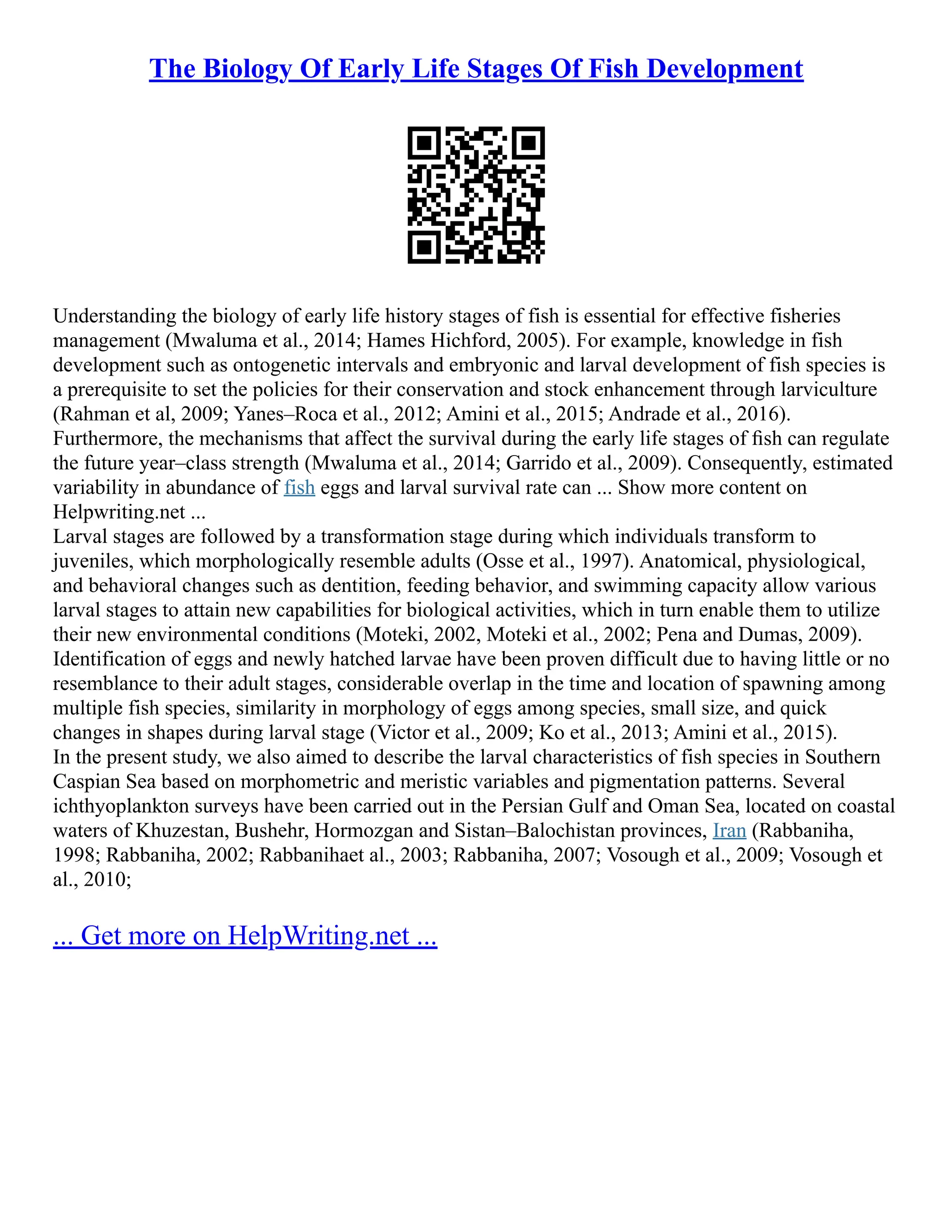 The Biology Of Early Life Stages Of Fish Development | PDF