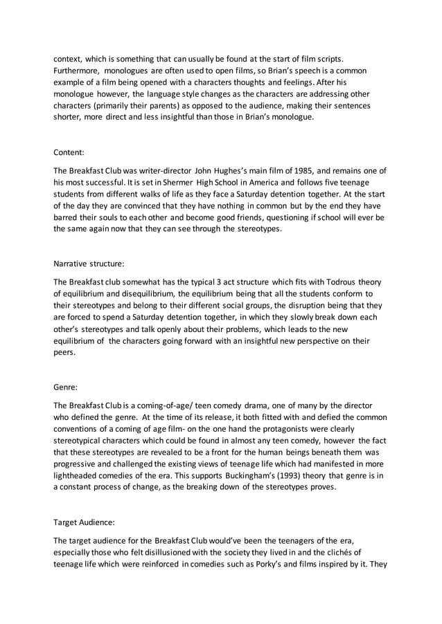 The breakfast club script analysis done
