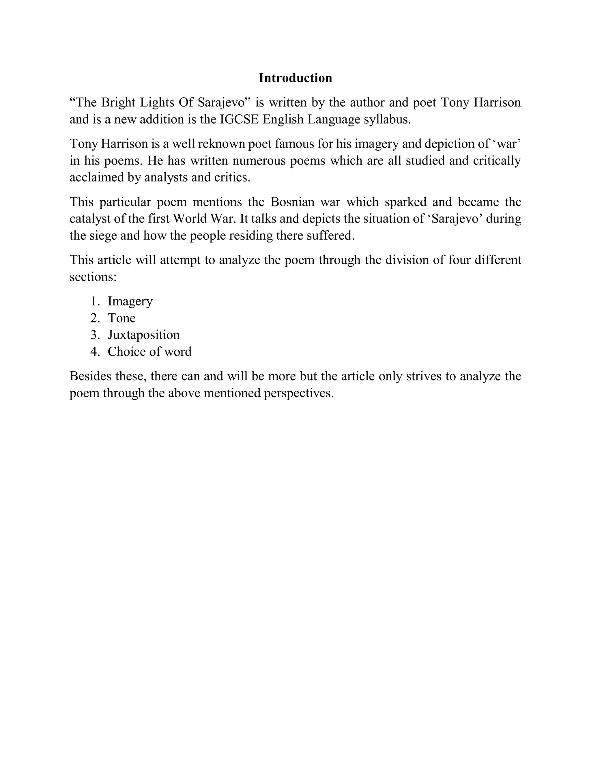 Critical analysis of the poem the bright lights of Sarajevo by Tony ...