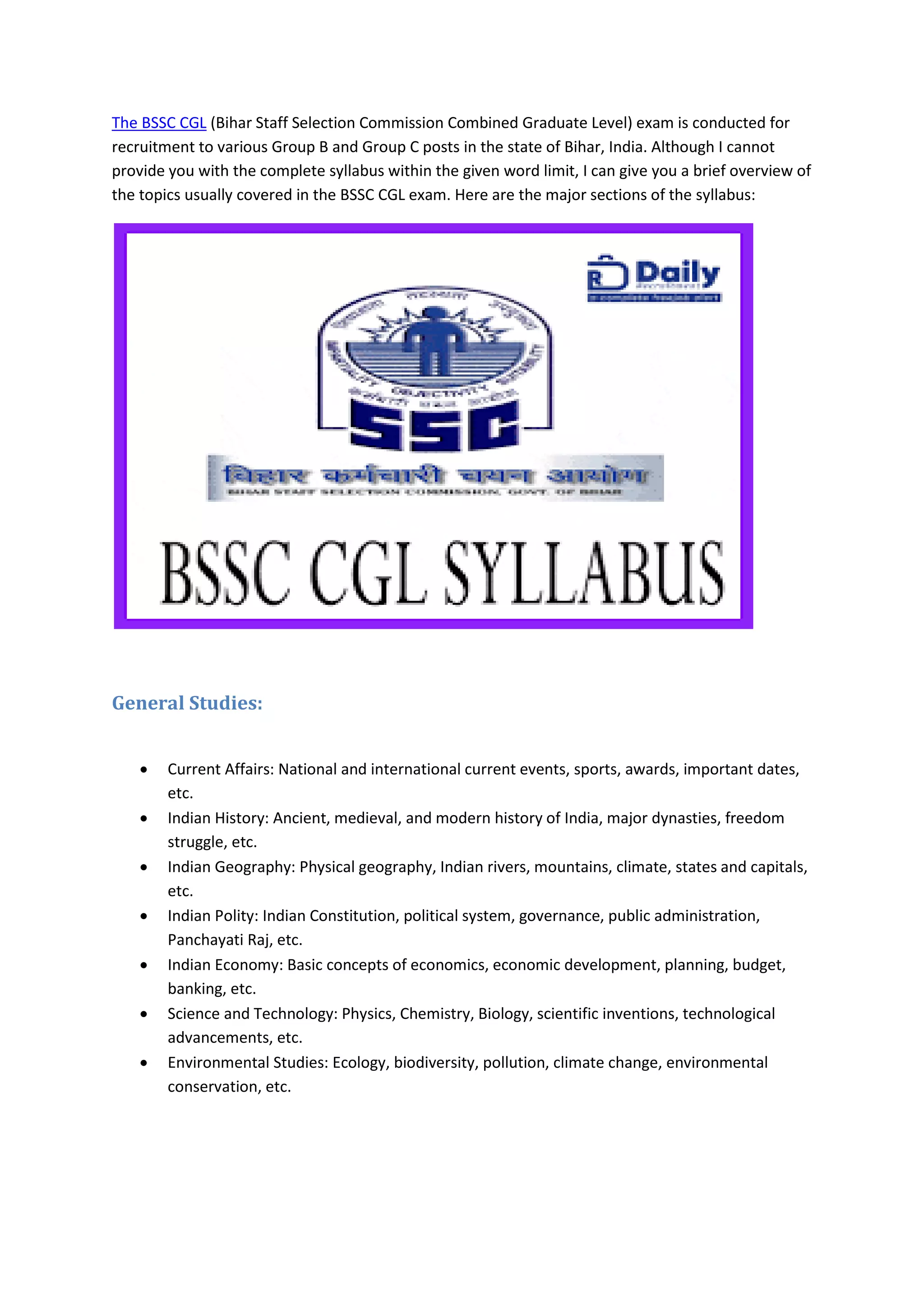 BSSC CGL Syllabus and Exam Pattern 2023, Complete | PDF