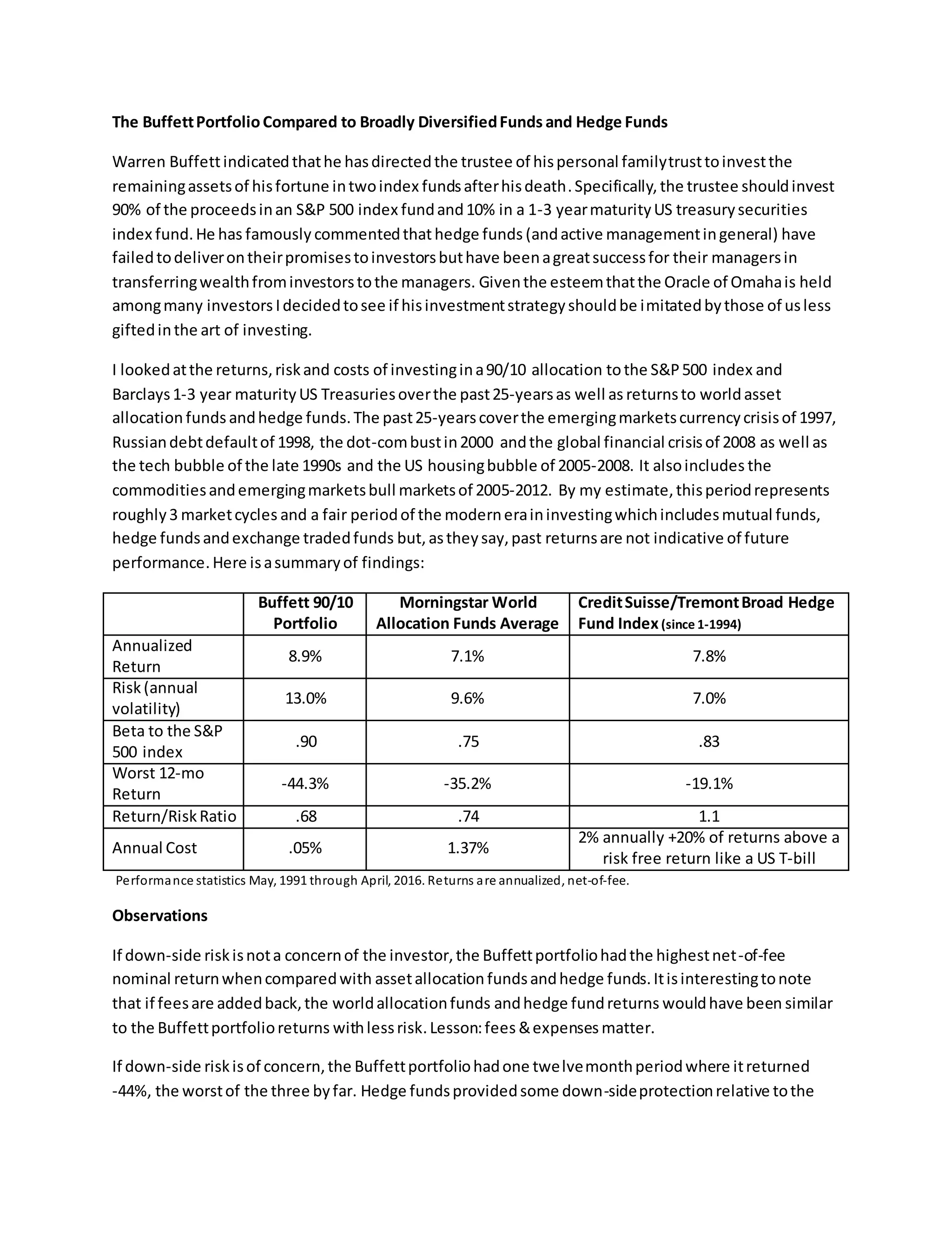 Buffett Portfolio vs Broad Funds and Hedge Funds Returns Risk Costs | PDF