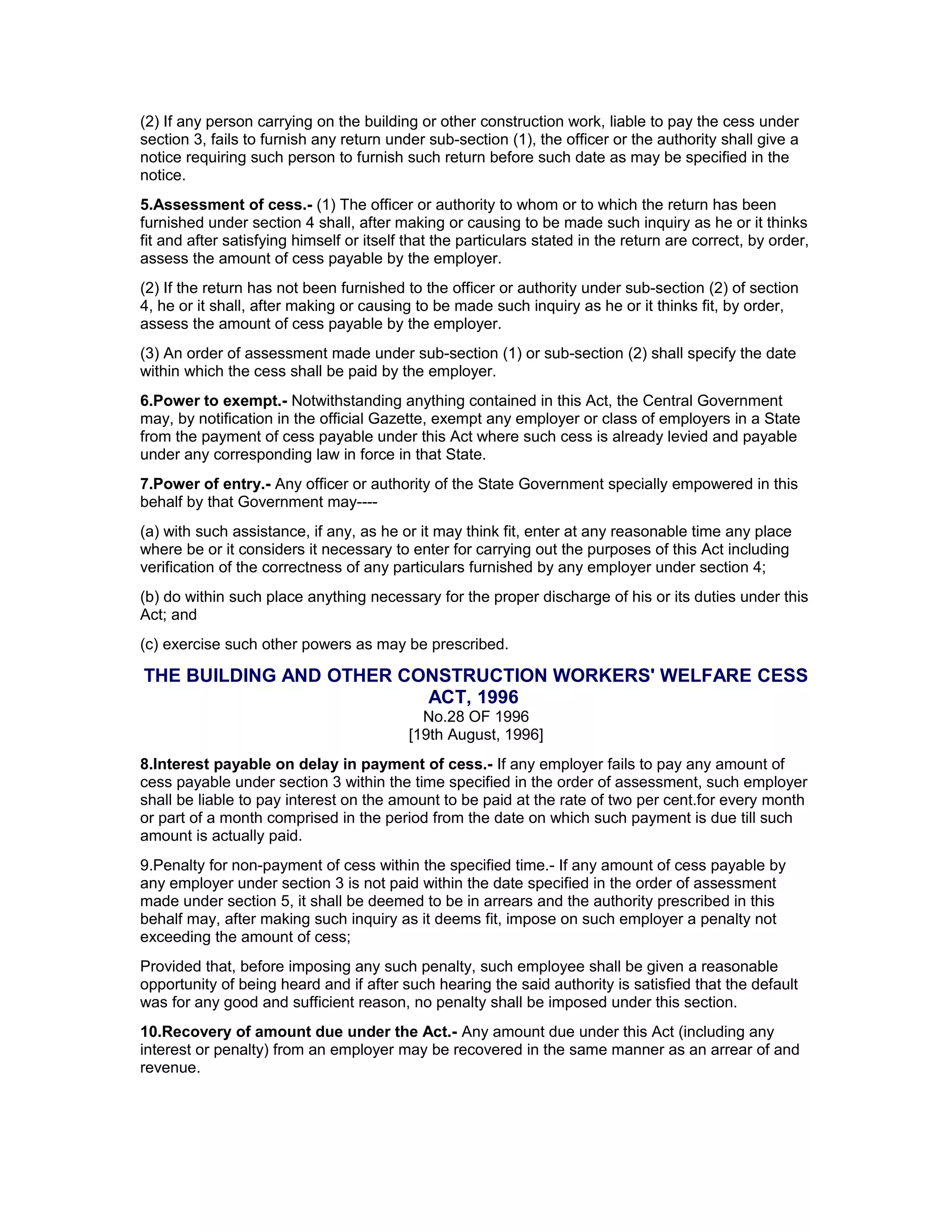 The building and other construction workers' welfare cess act, 1996 | DOC