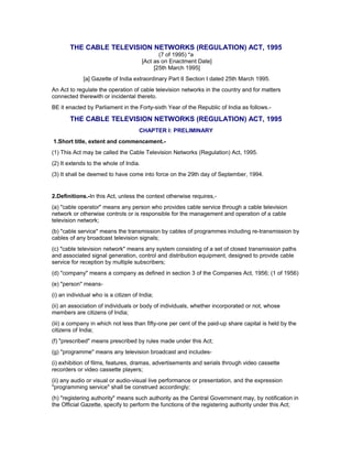 The cable television networks regulation) act, 1995 | DOC