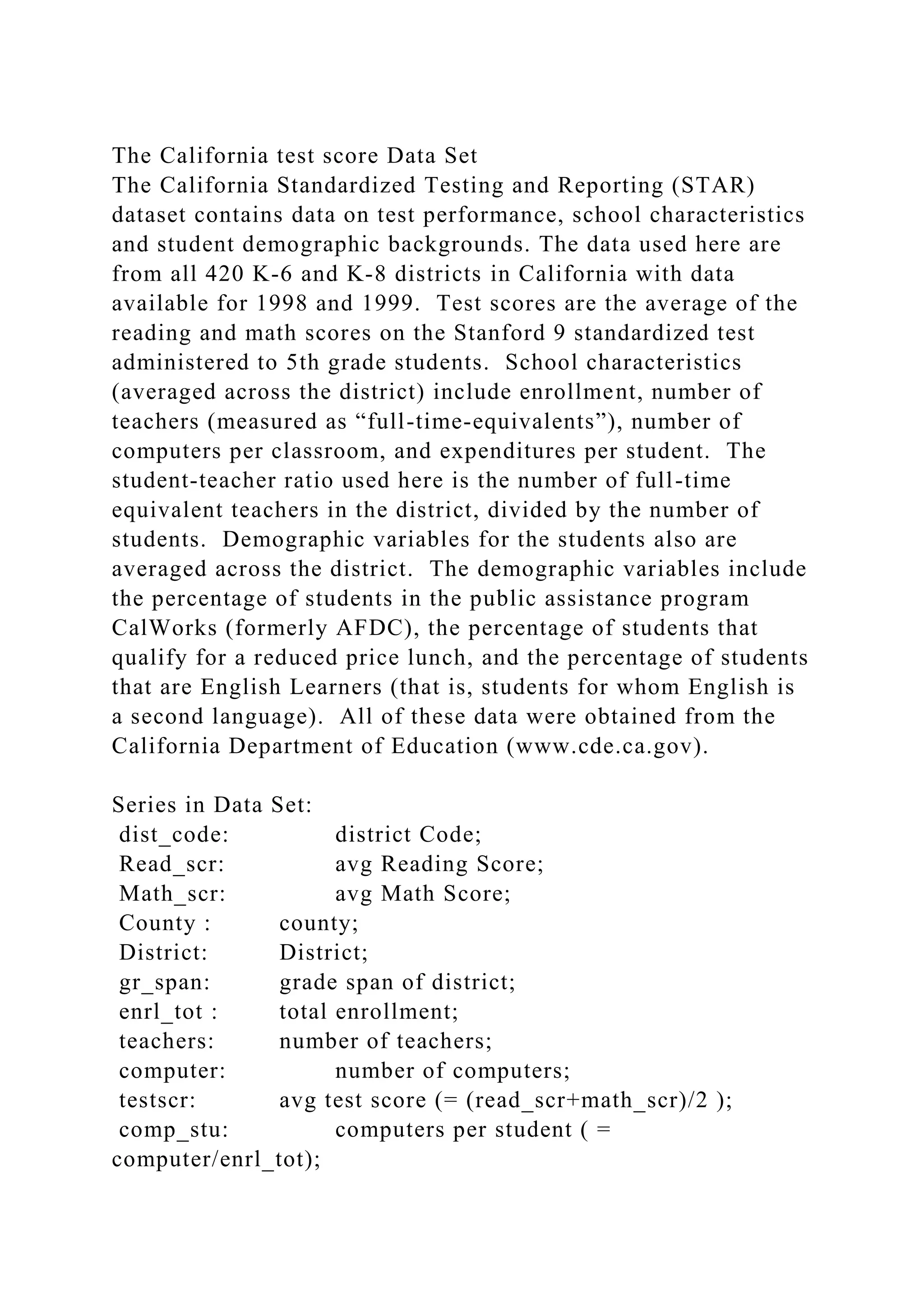 The California test score Data SetThe California Standardized Test.docx