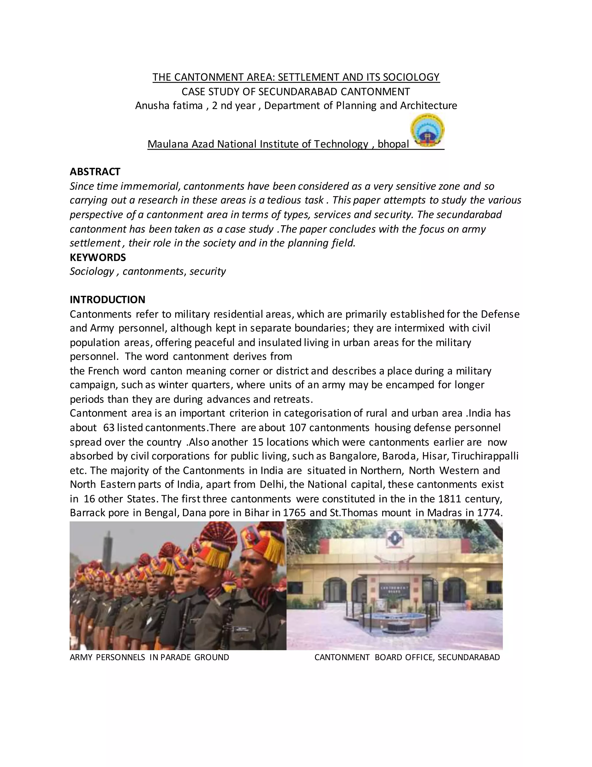 The cantonment area anusha fatima 141109028 - sociology | DOCX