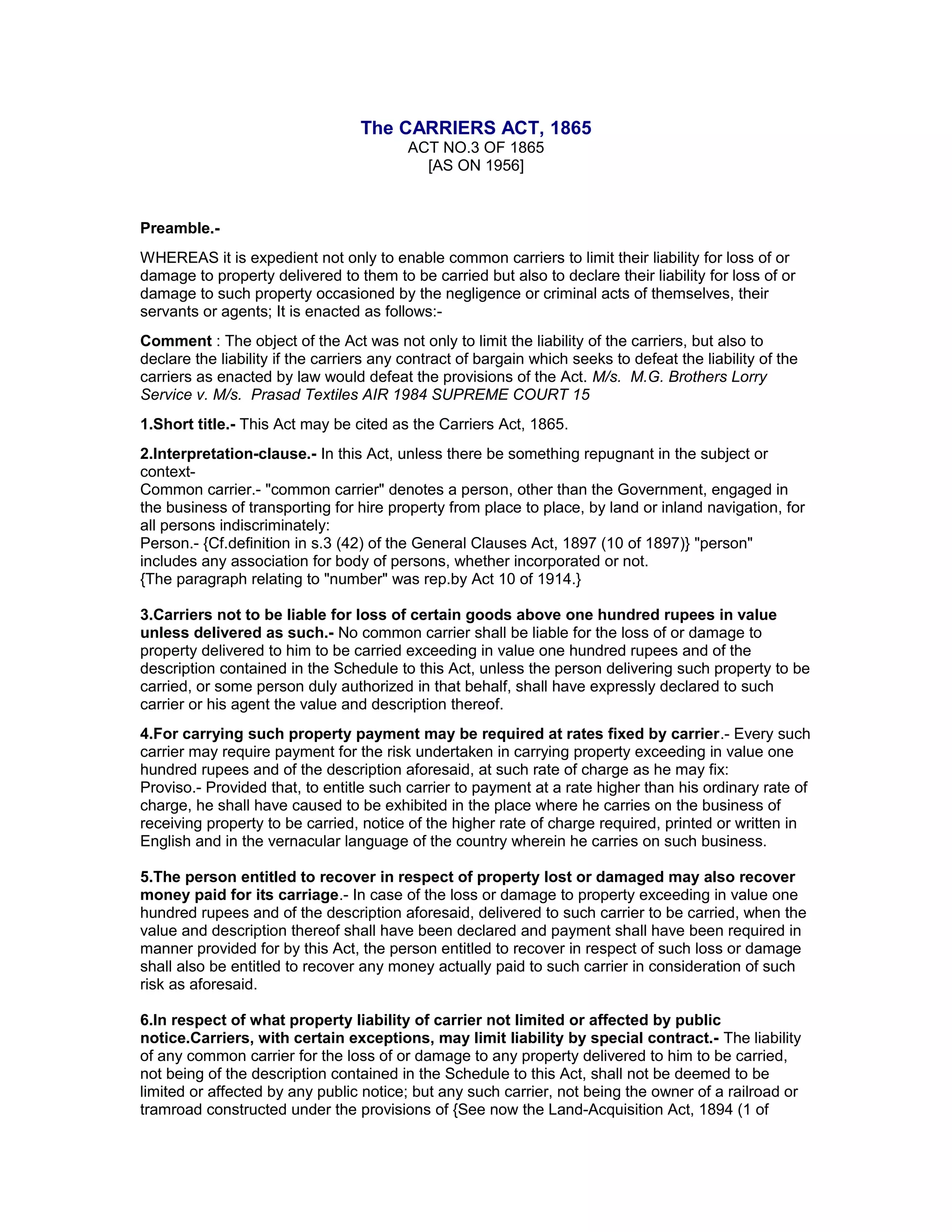 The carriers act 1865 | DOC