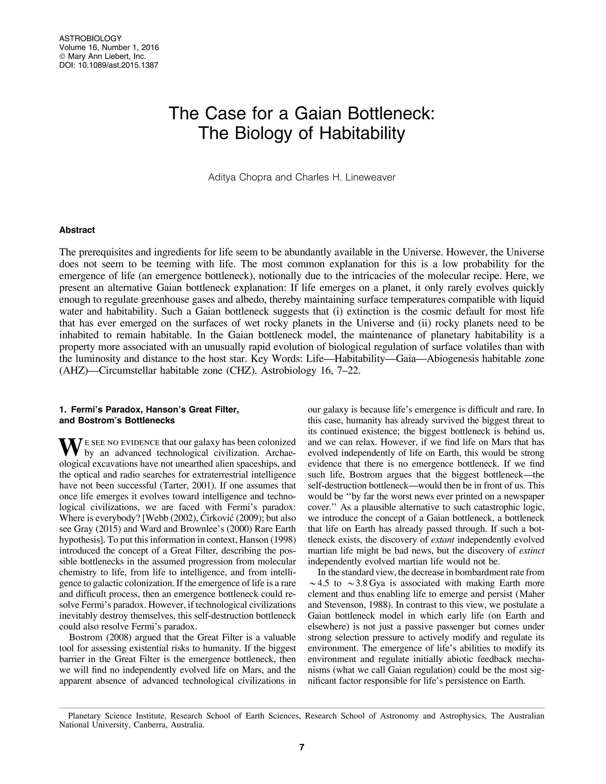 The case for_a_gaian_bottleneck_the_biology_of_habitability | PDF