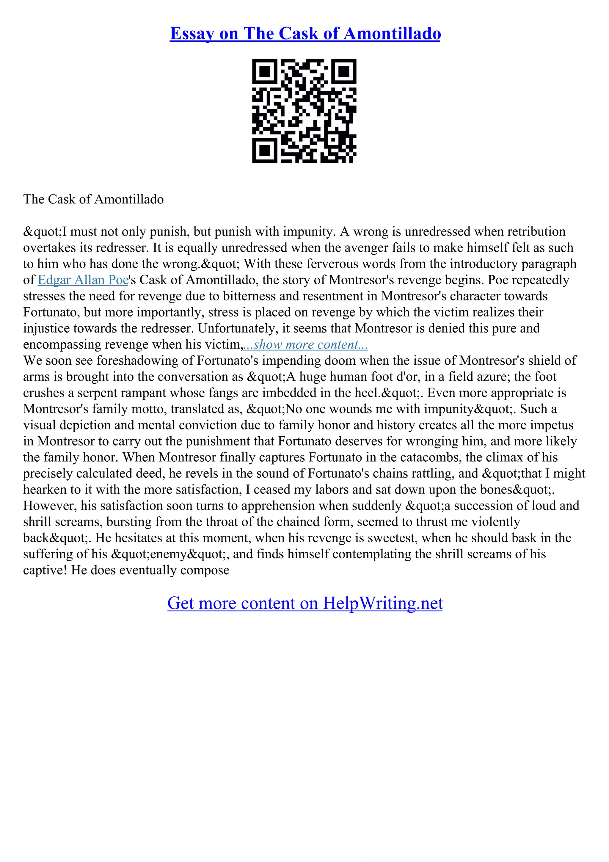 The Cask Of Amontillado Essay | PDF