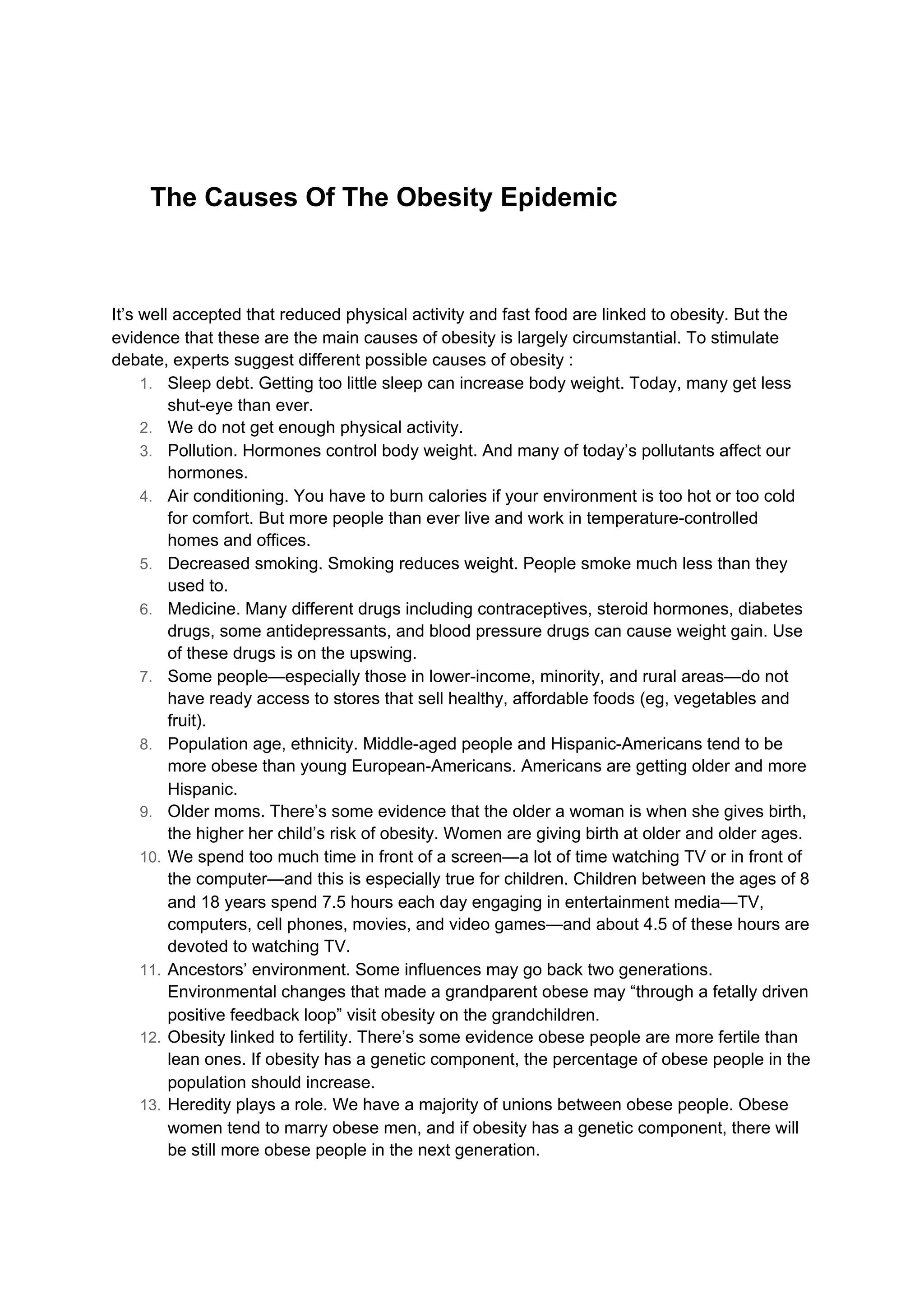The causes of the obesity epidemic | PDF