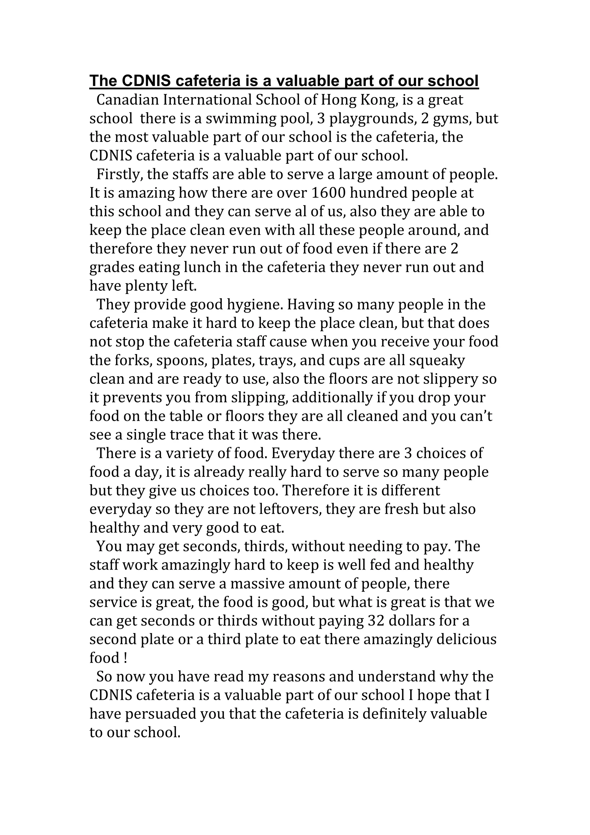 The cdnis cafeteria is a valuable part of our school | DOCX
