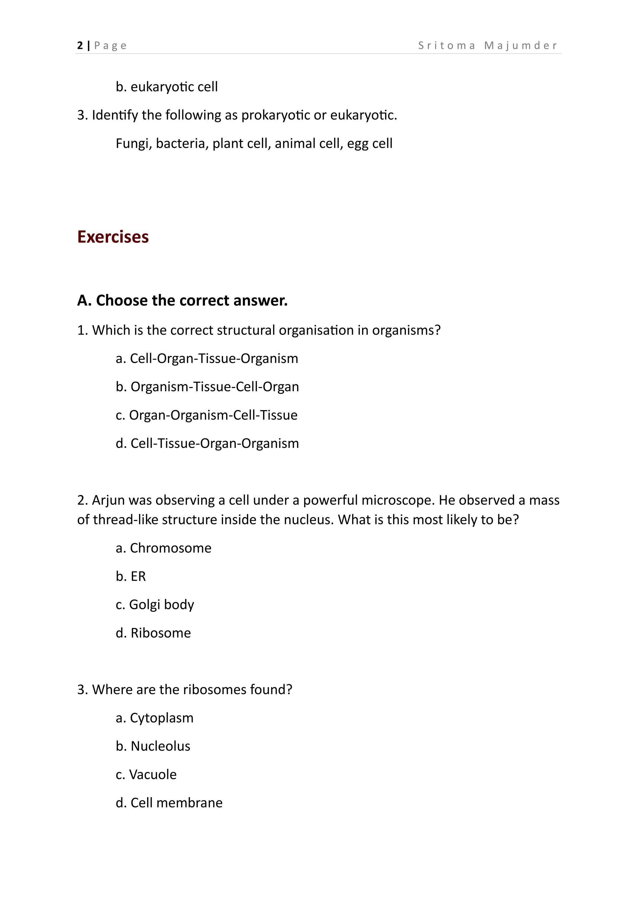 CBSE - Grade 8 - Biology - The Cell - Neptune Science - Exercise | PDF
