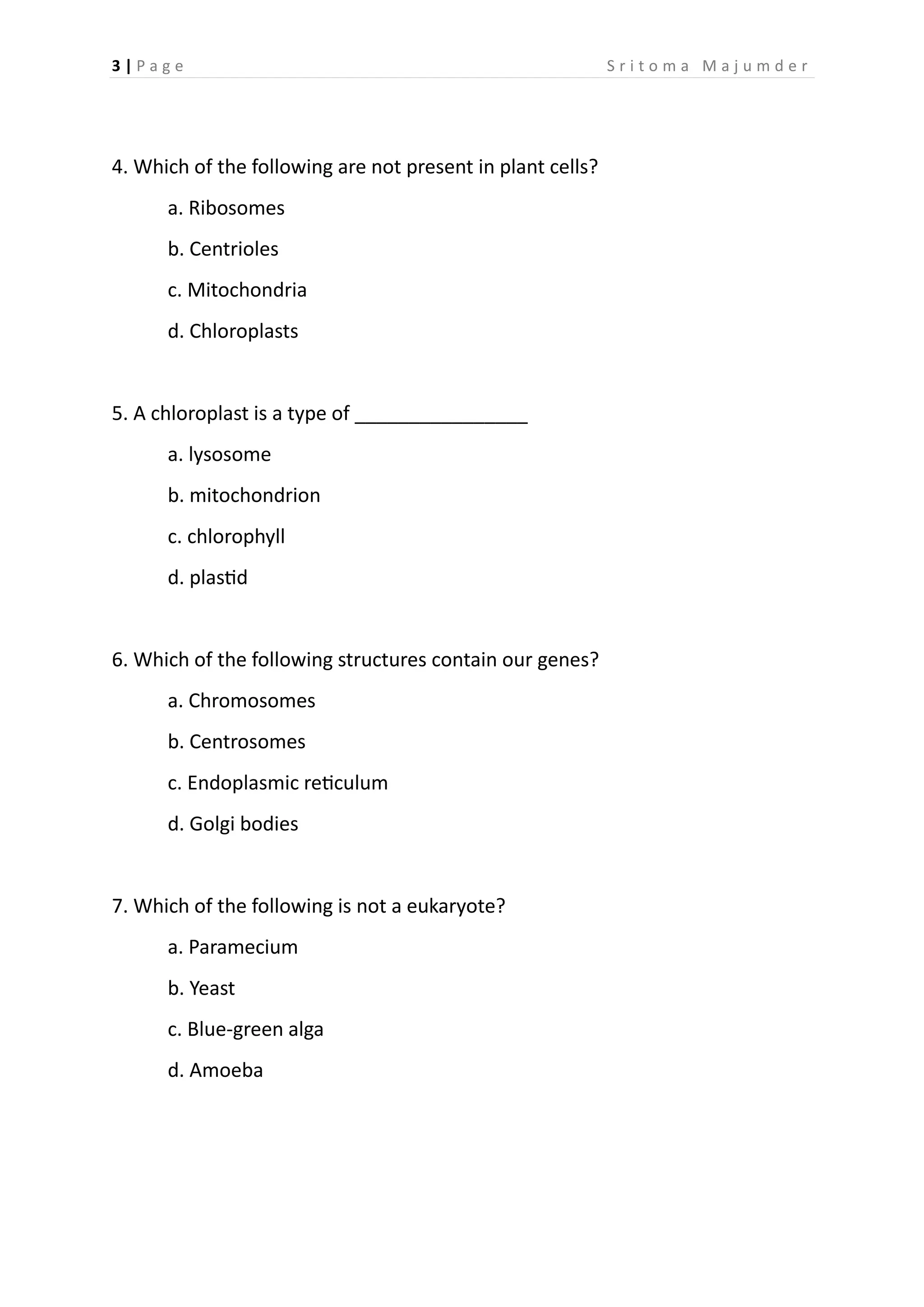 CBSE - Grade 8 - Biology - The Cell - Neptune Science - Exercise | PDF