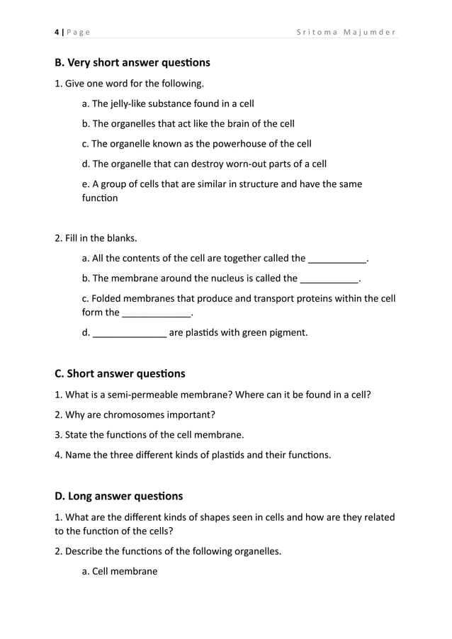 CBSE - Grade 8 - Biology - The Cell - Neptune Science - Exercise | PDF