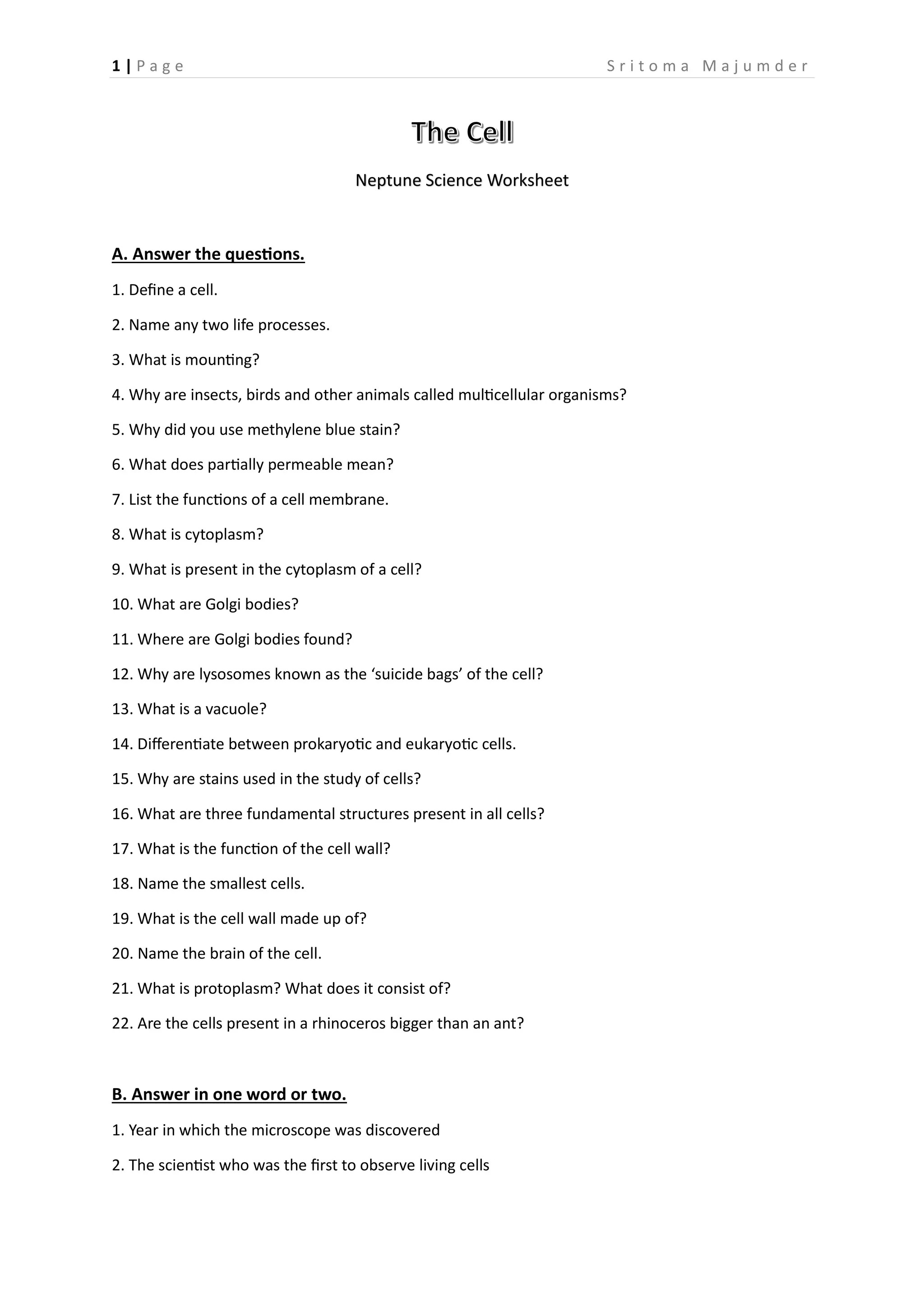 CBSE - Grade 8 - Biology - The Cell - Neptune Science - Worksheet | PDF