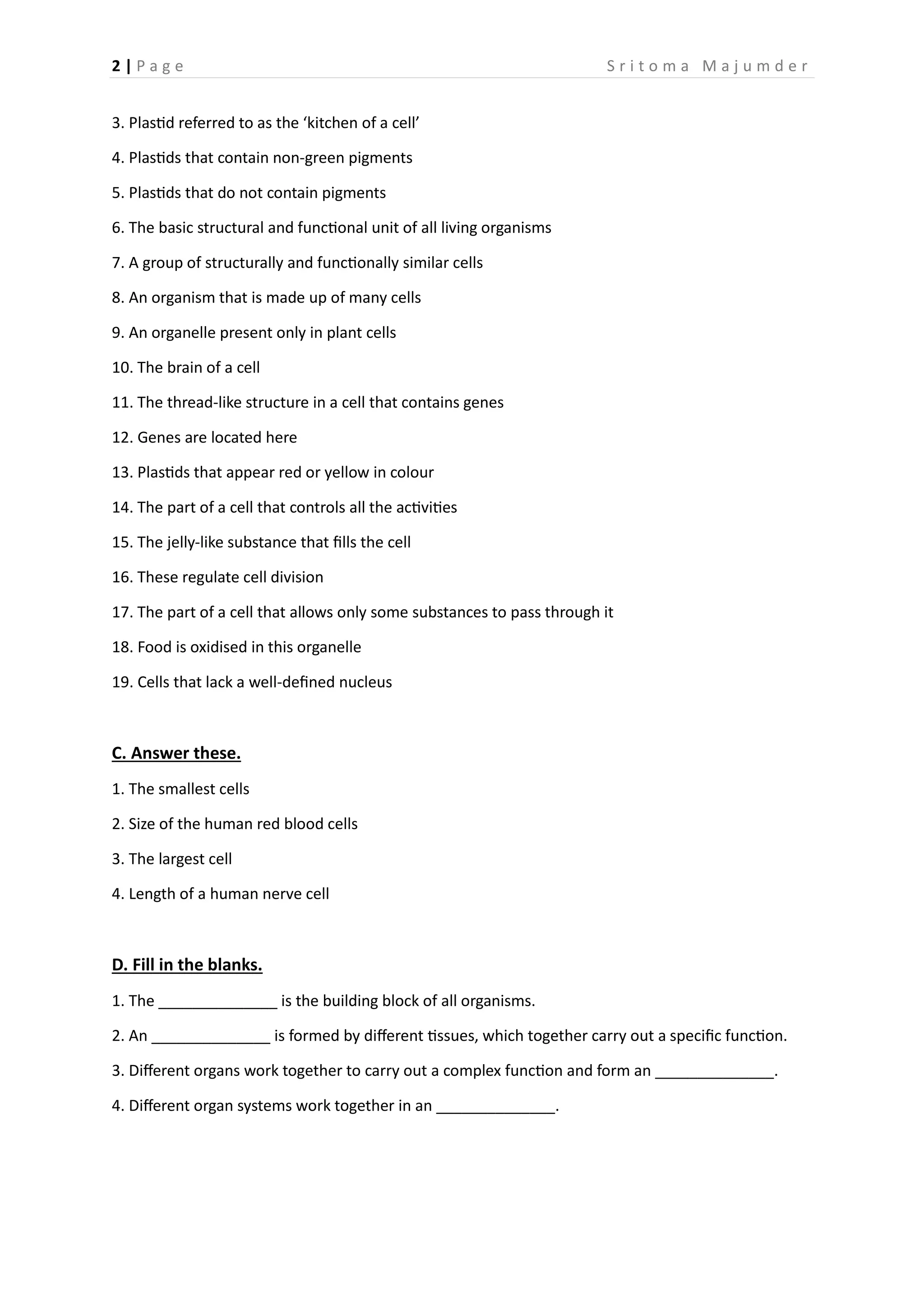 CBSE - Grade 8 - Biology - The Cell - Neptune Science - Worksheet | PDF