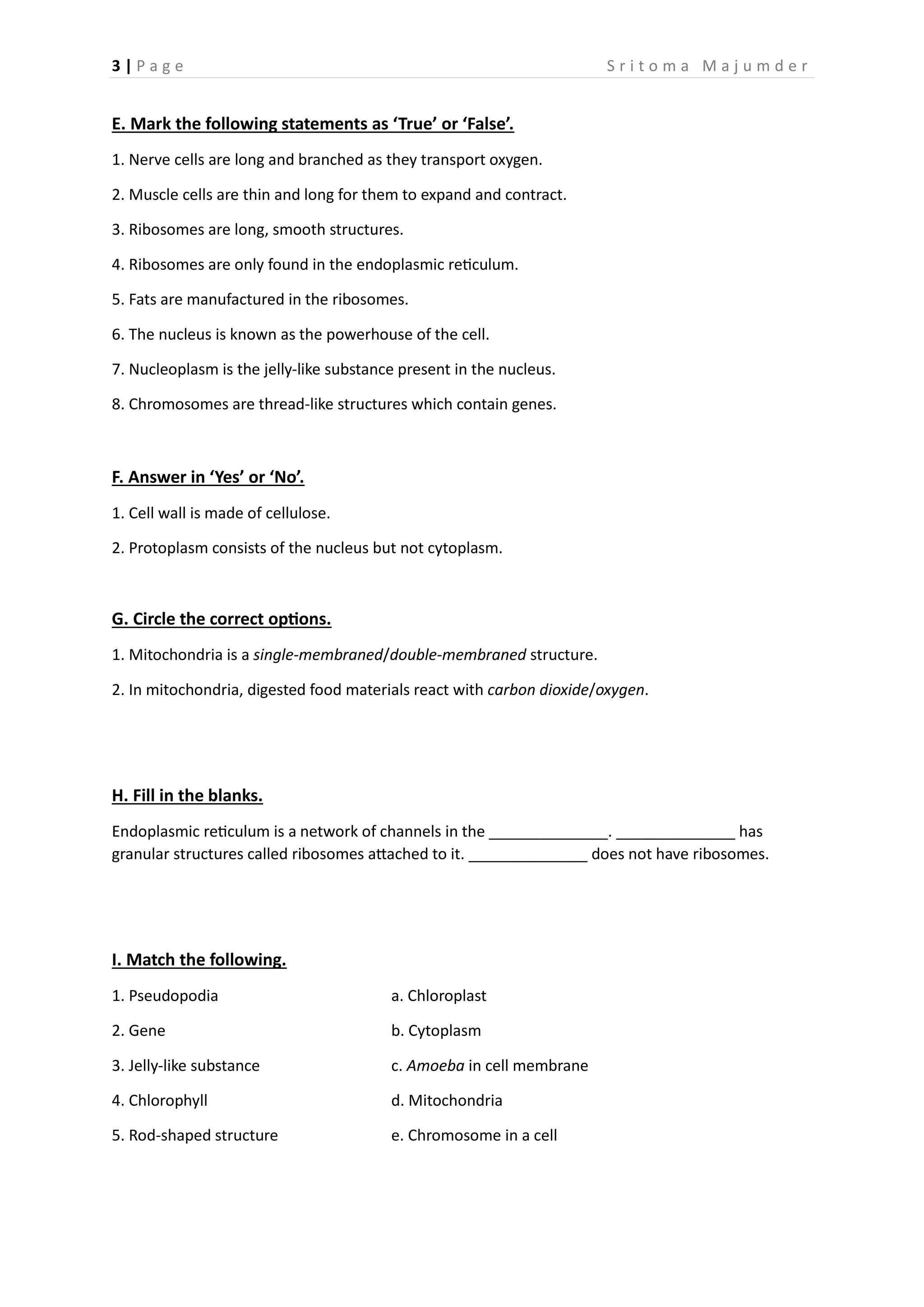 CBSE - Grade 8 - Biology - The Cell - Neptune Science - Worksheet | PDF