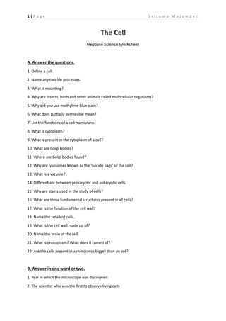 CBSE - Grade 8 - Biology - The Cell - Neptune Science - Worksheet | PDF