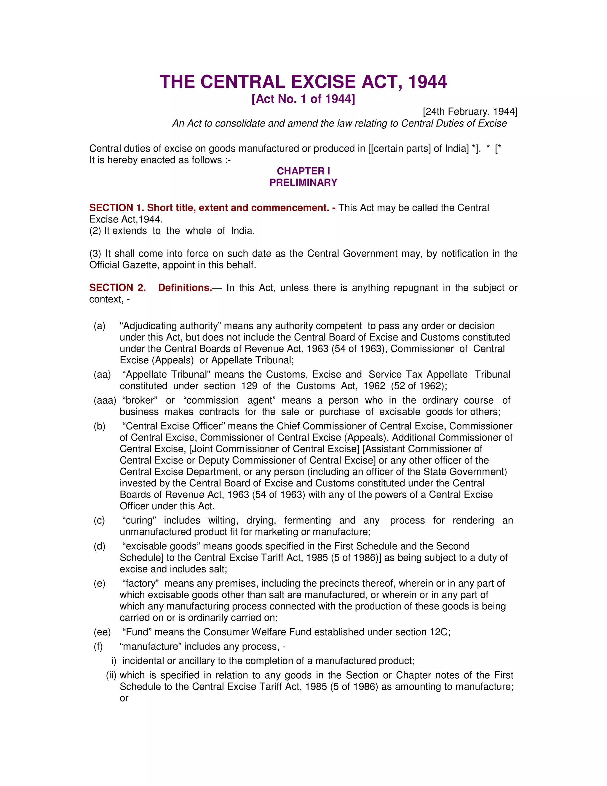 Bare Act- The Central Excise Act, 1944 | PDF