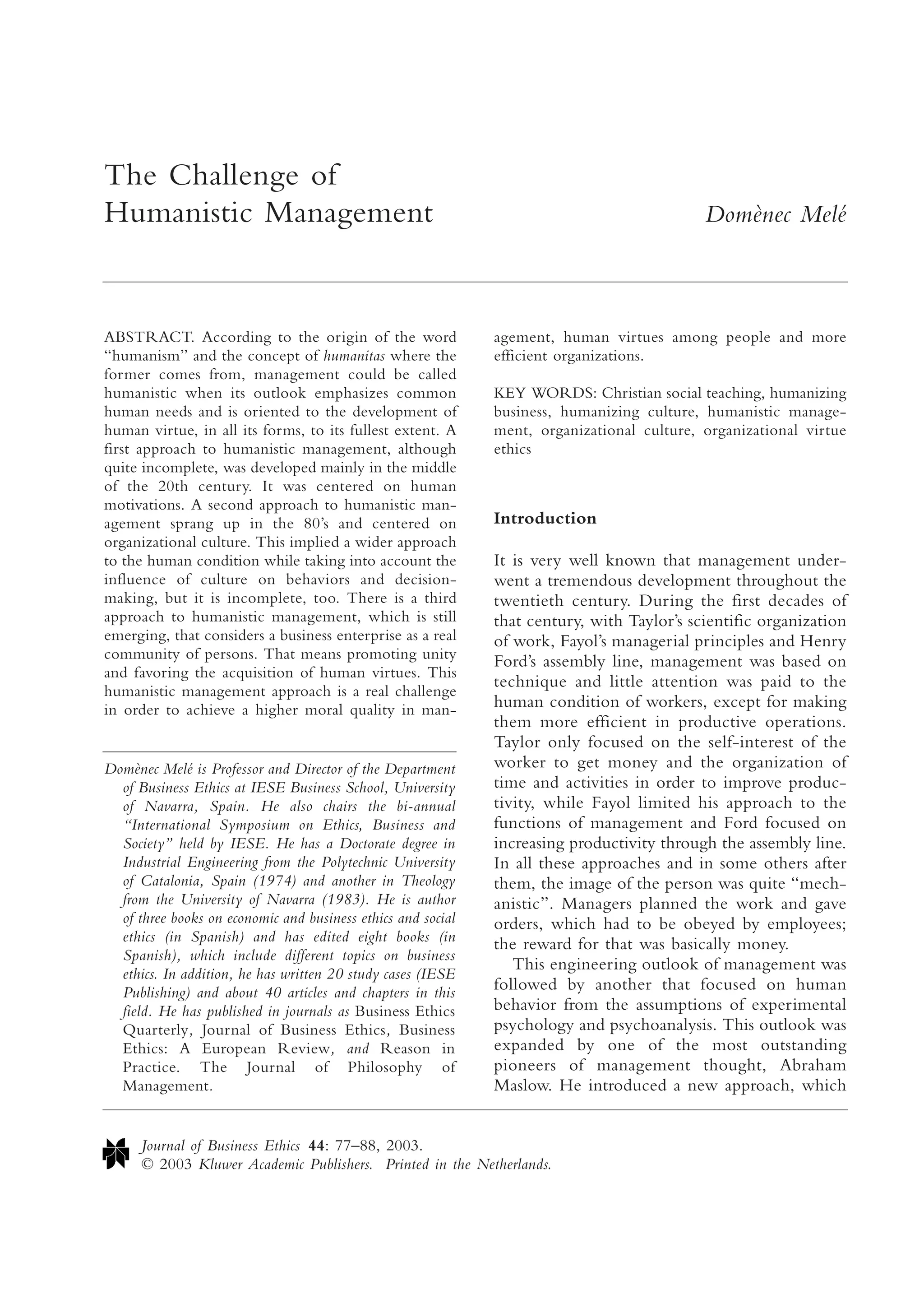 The challenge of the humanistic management | PDF