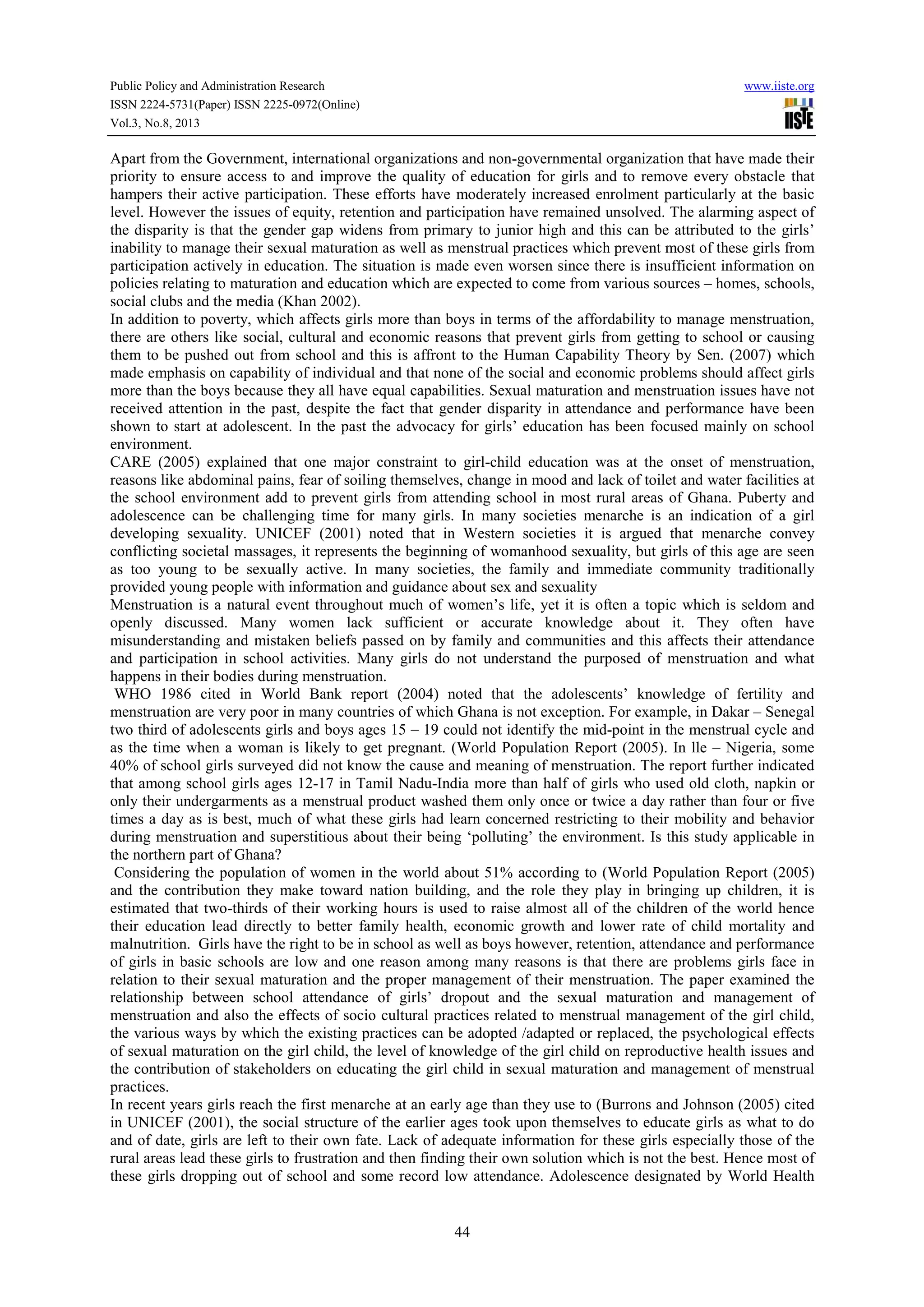 The challenges of adolescent girls sexual maturation to educational ...