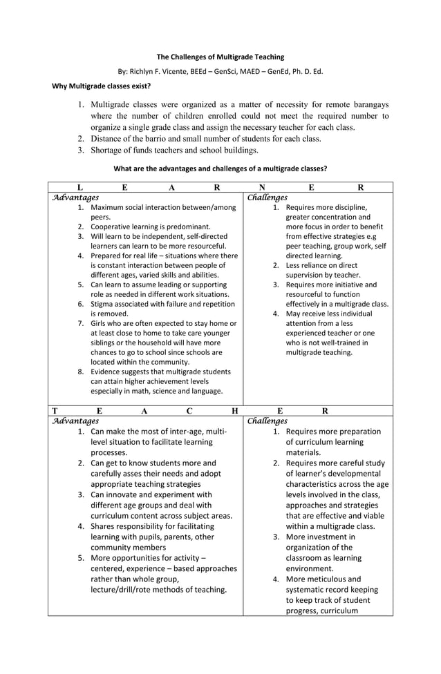 The challenges of multigrade teaching | DOCX | Homework and Study ...