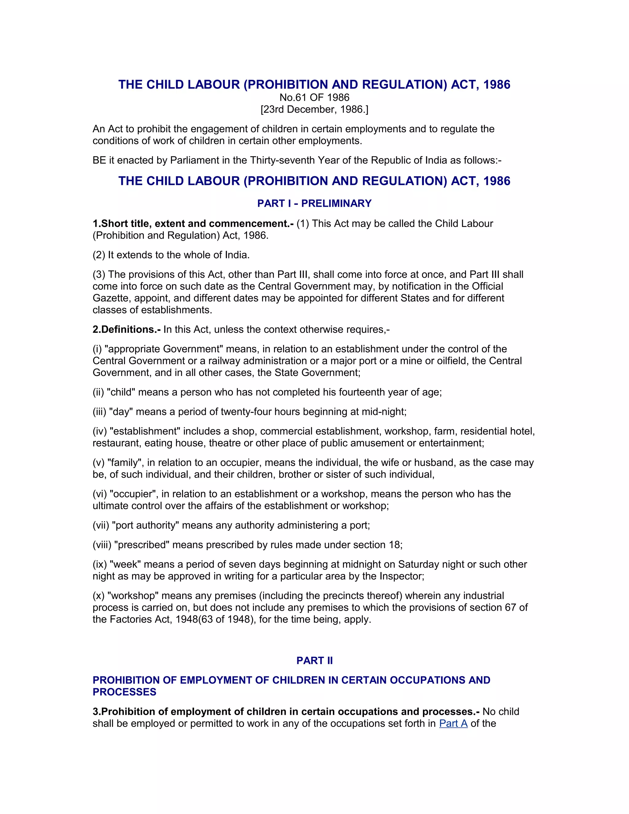 The child labour (prohibition and regulation) act, 1986 | DOC