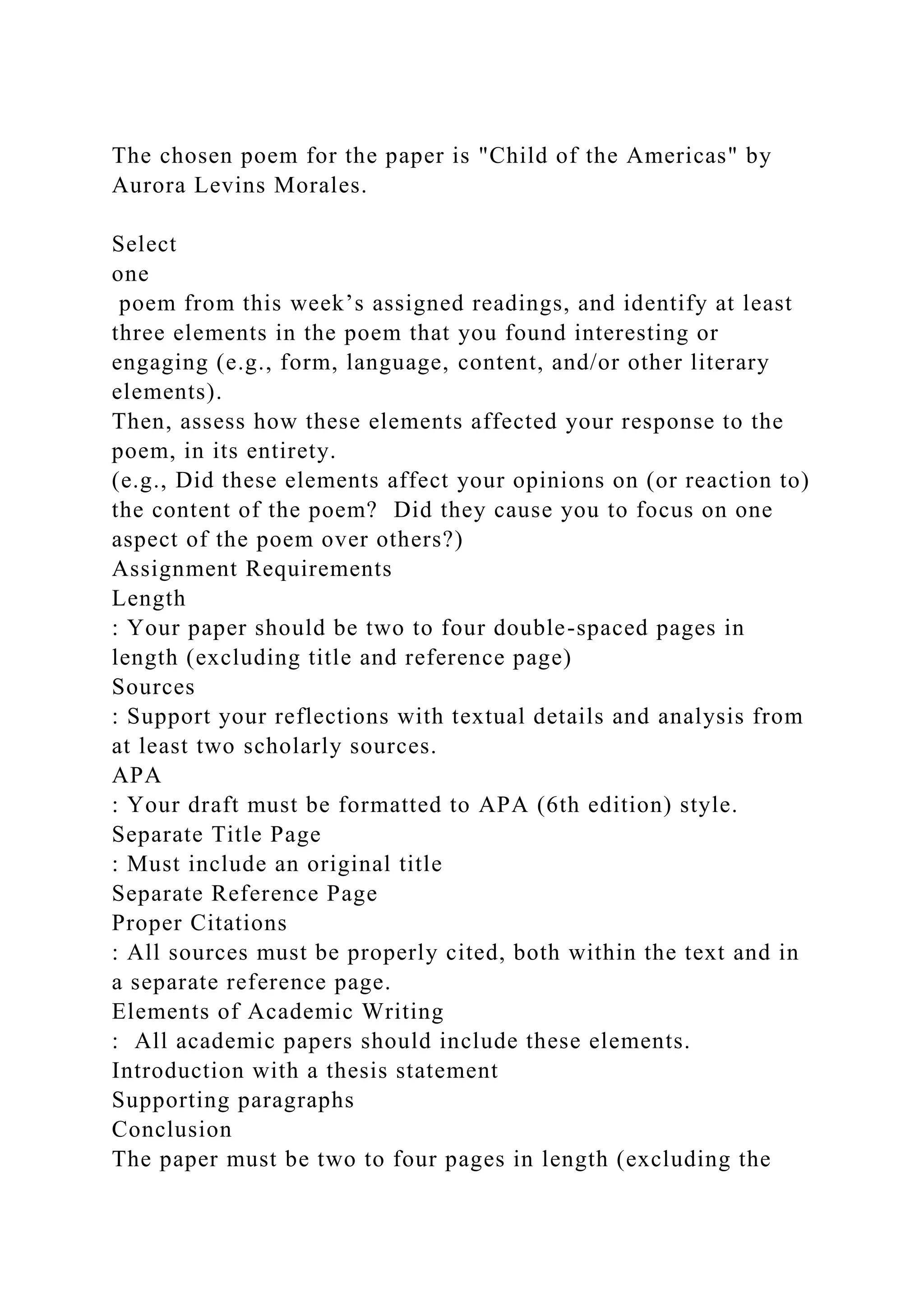 The chosen poem for the paper is Child of the Americas by Aurora L.docx