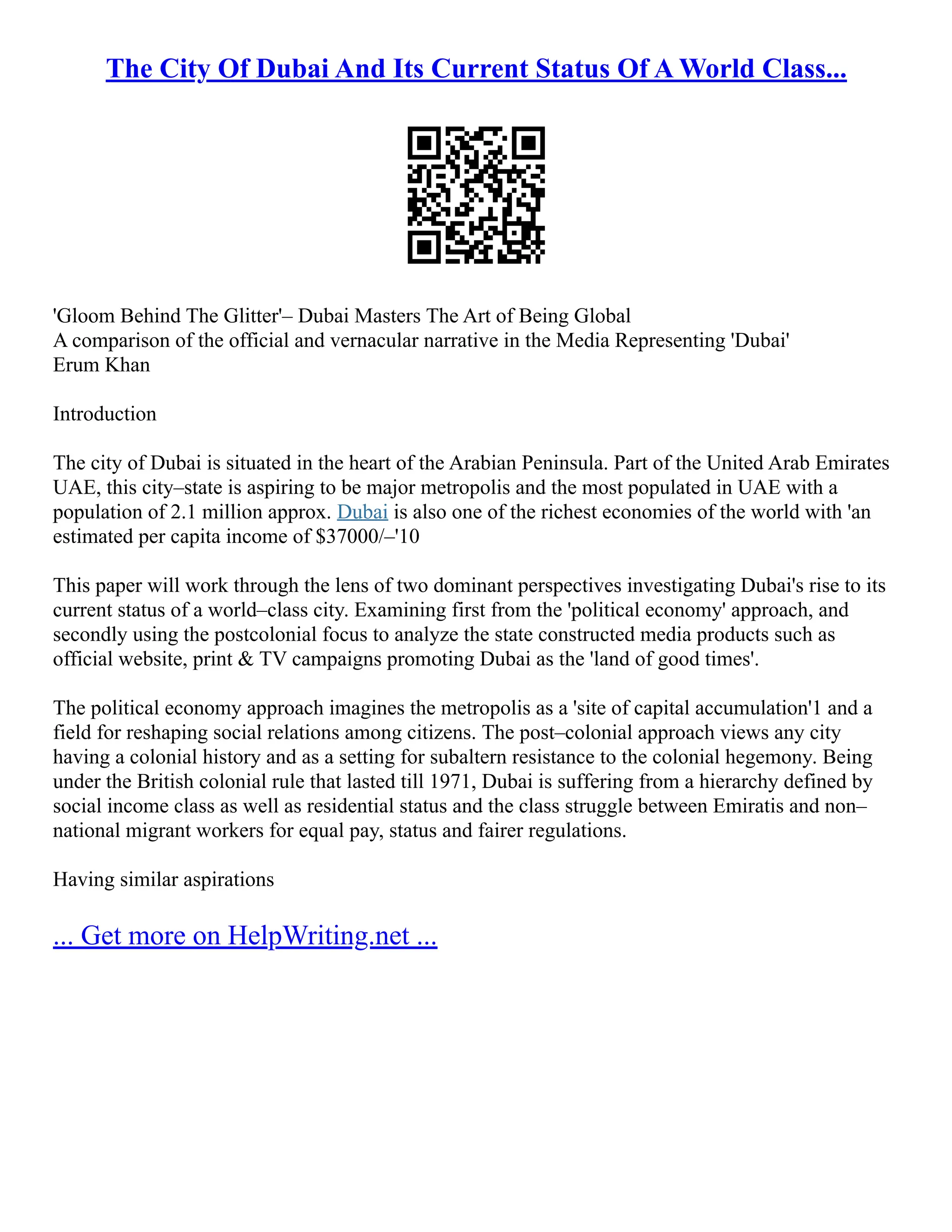 The City Of Dubai And Its Current Status Of A World Class... | PDF