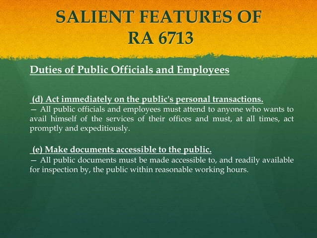THE CIVIL SERVICE COMMISSION AND THE SALIENT FEATURES OF RA 6713 | PPTX ...