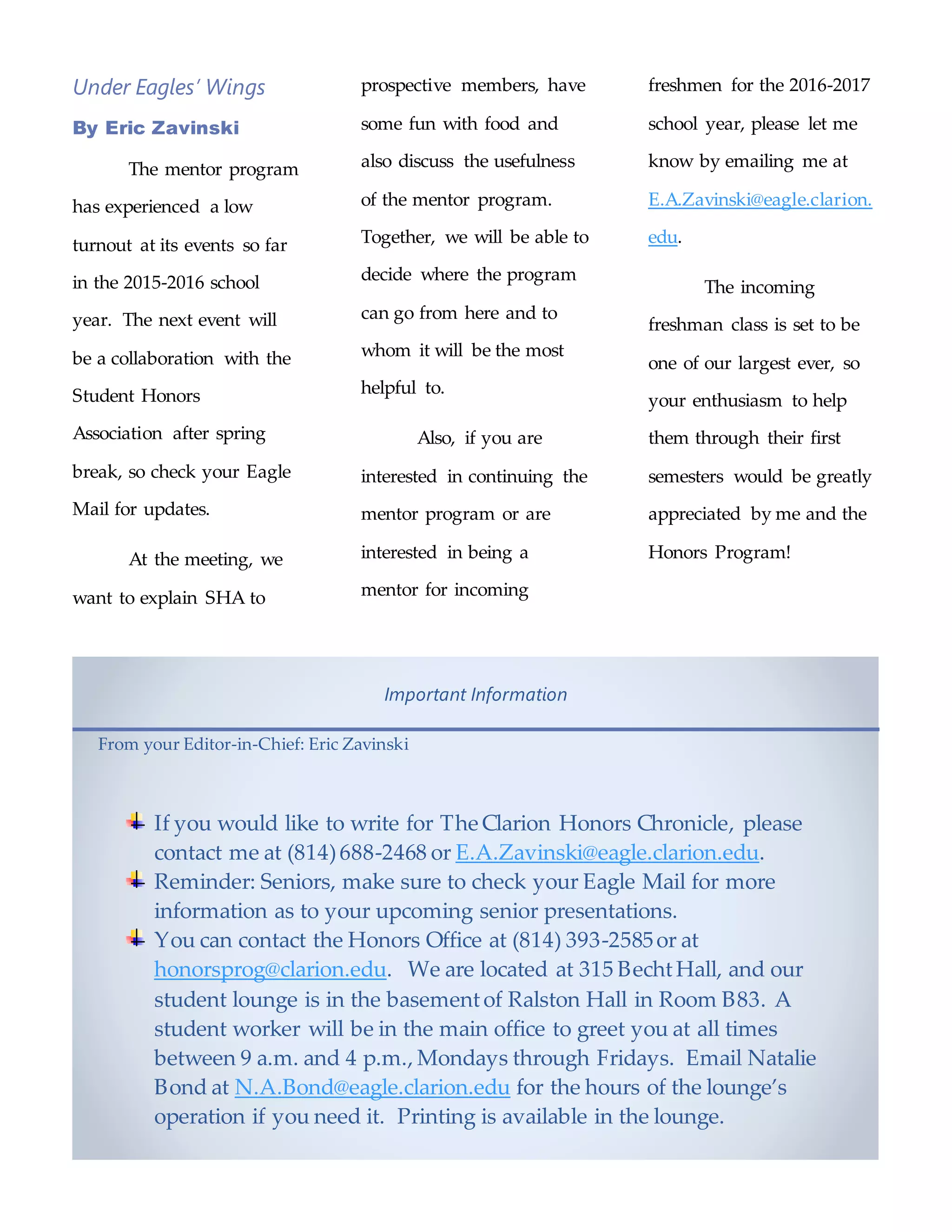 The Clarion Honors Chronicle (2/24/2016) | DOCX | Student Financial Aid ...