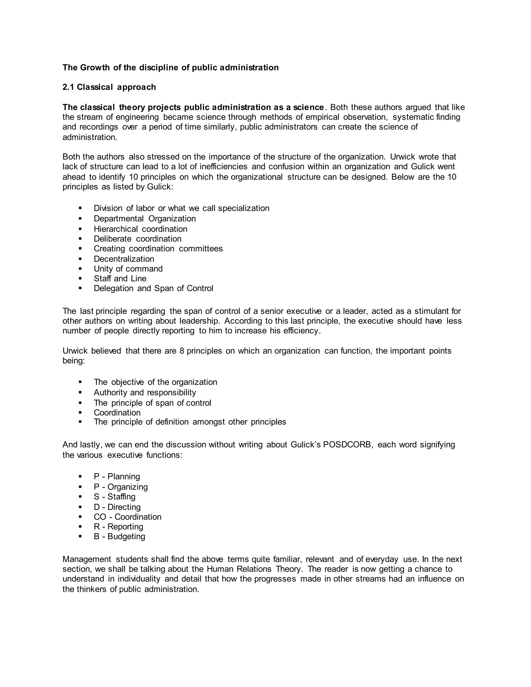 The classical theory projects public administration as a science | DOCX