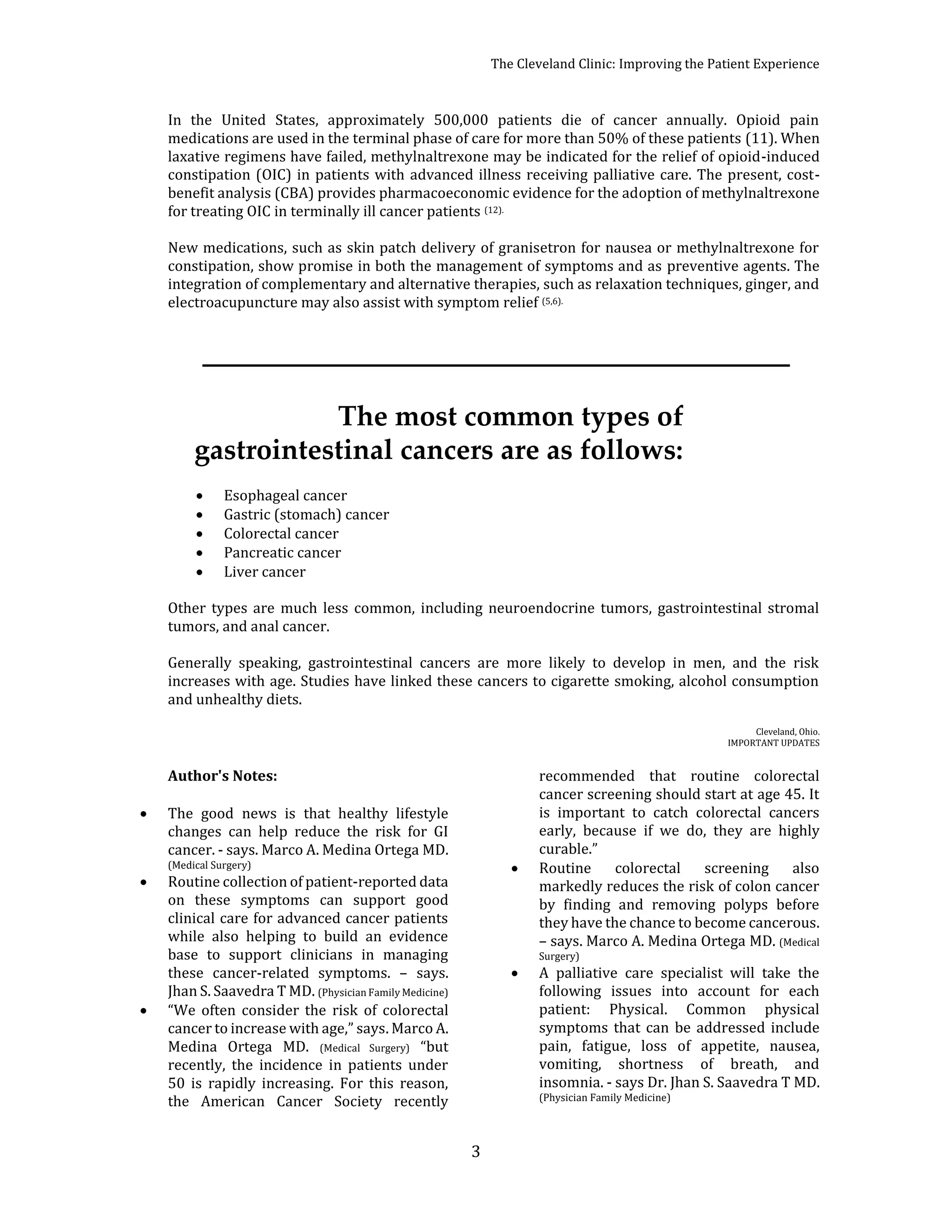 The Cleveland Clinic Gastrointestinal symptoms in cancer patients with ...