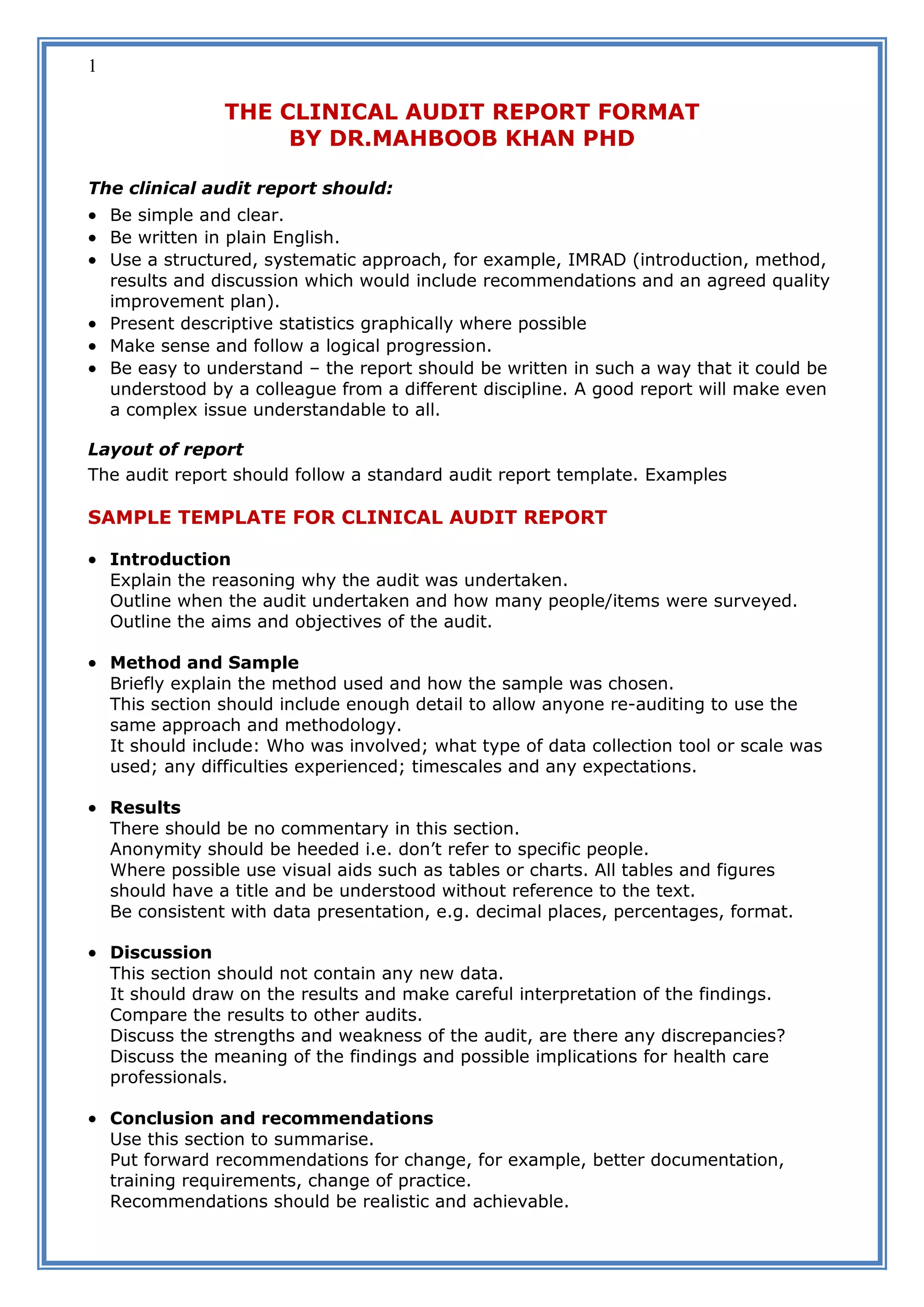 THE CLINICAL AUDIT REPORT FORMAT By Dr.Mahboob Khan Phd | PDF