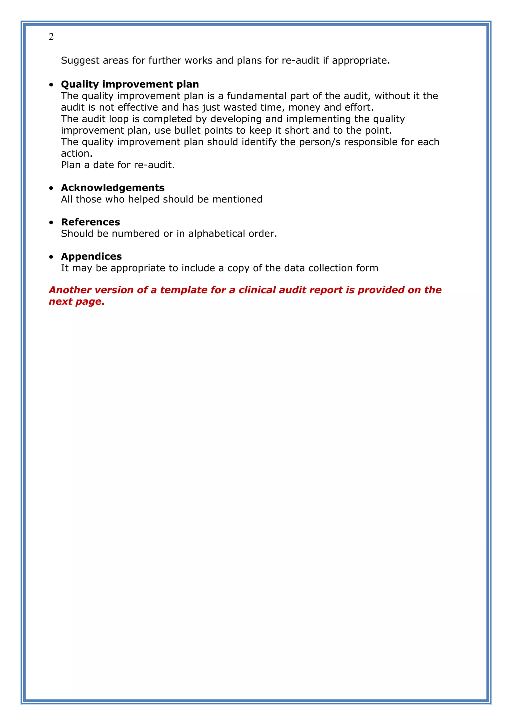 THE CLINICAL AUDIT REPORT FORMAT By Dr.Mahboob Khan Phd | PDF