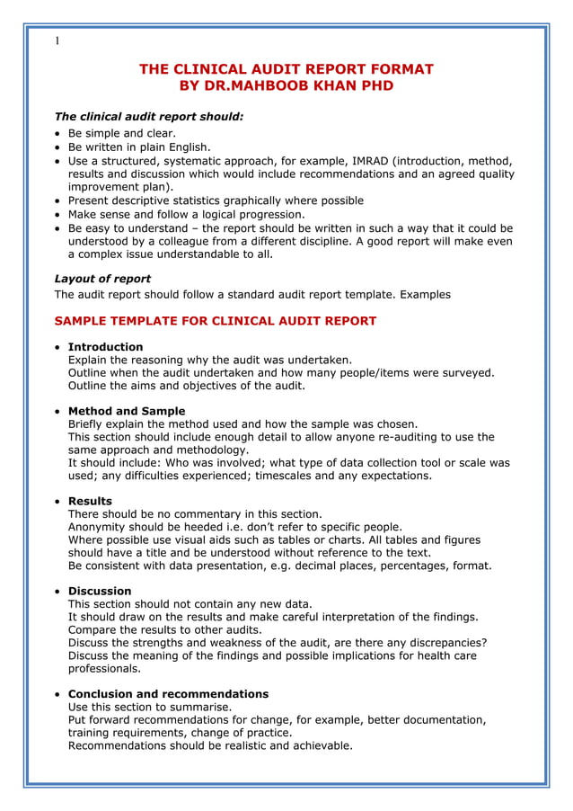 THE CLINICAL AUDIT REPORT FORMAT By Dr.Mahboob Khan Phd | PDF