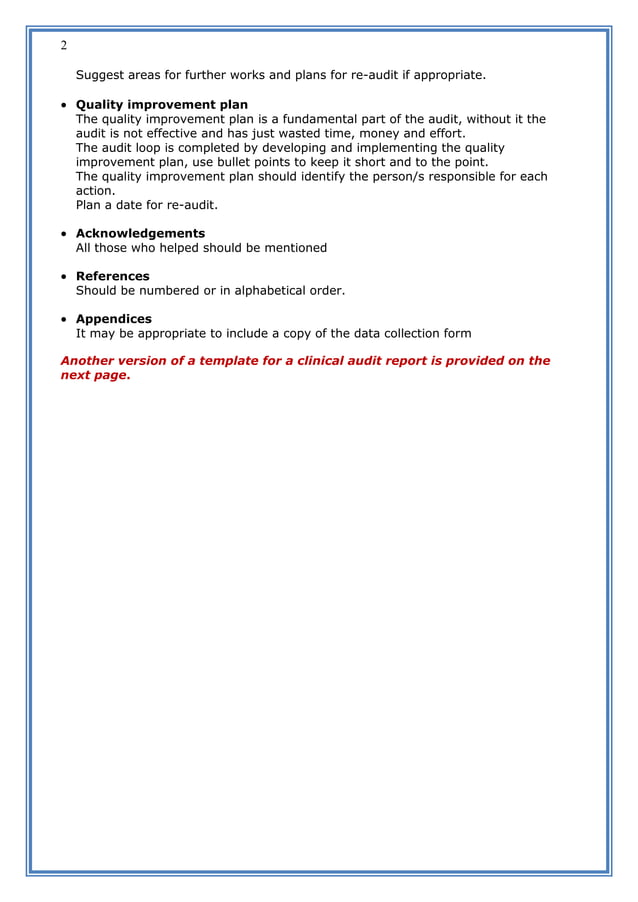 THE CLINICAL AUDIT REPORT FORMAT By Dr.Mahboob Khan Phd | PDF