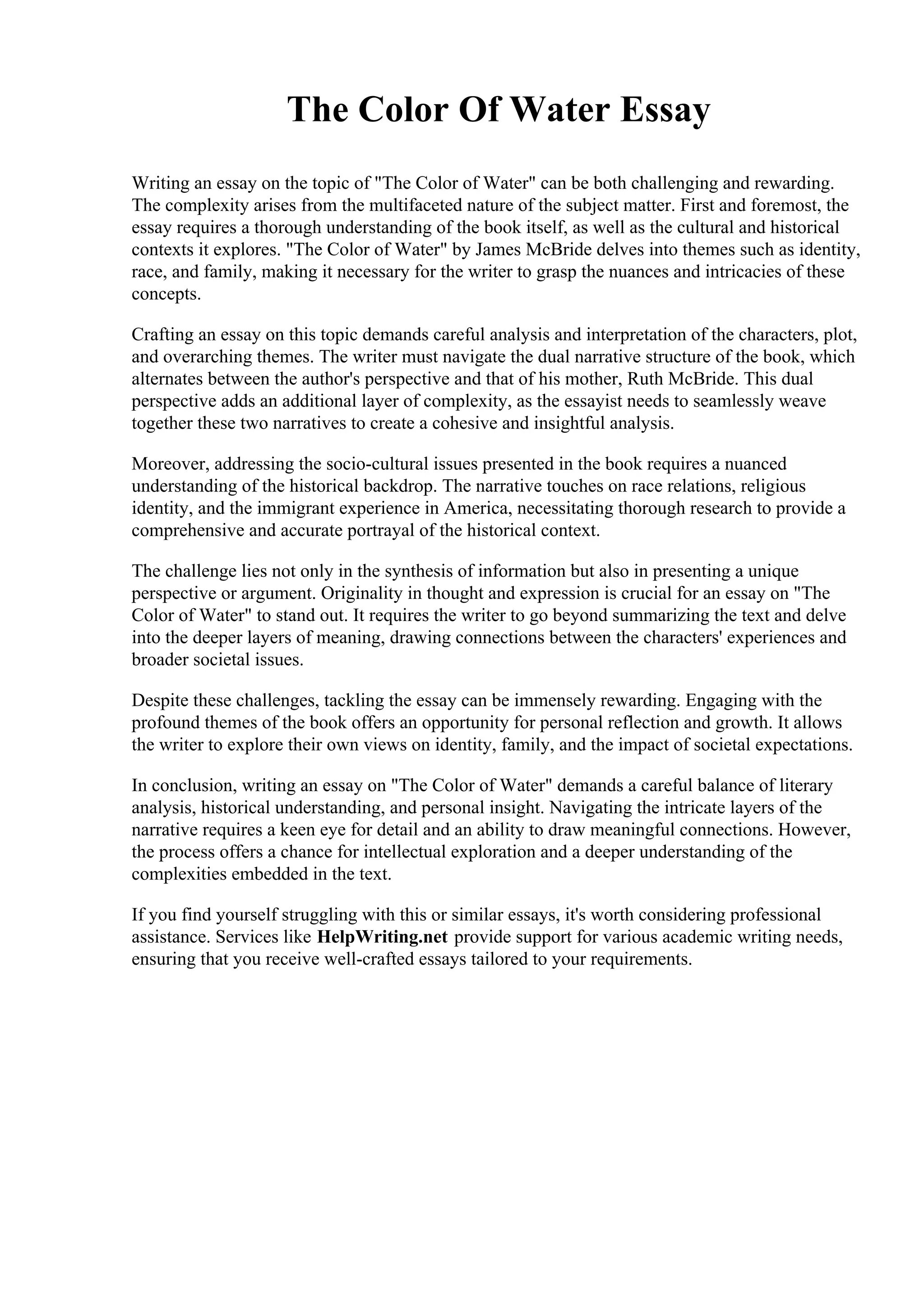 The Color Of Water Essay | PDF | Fiction | Books and Literature