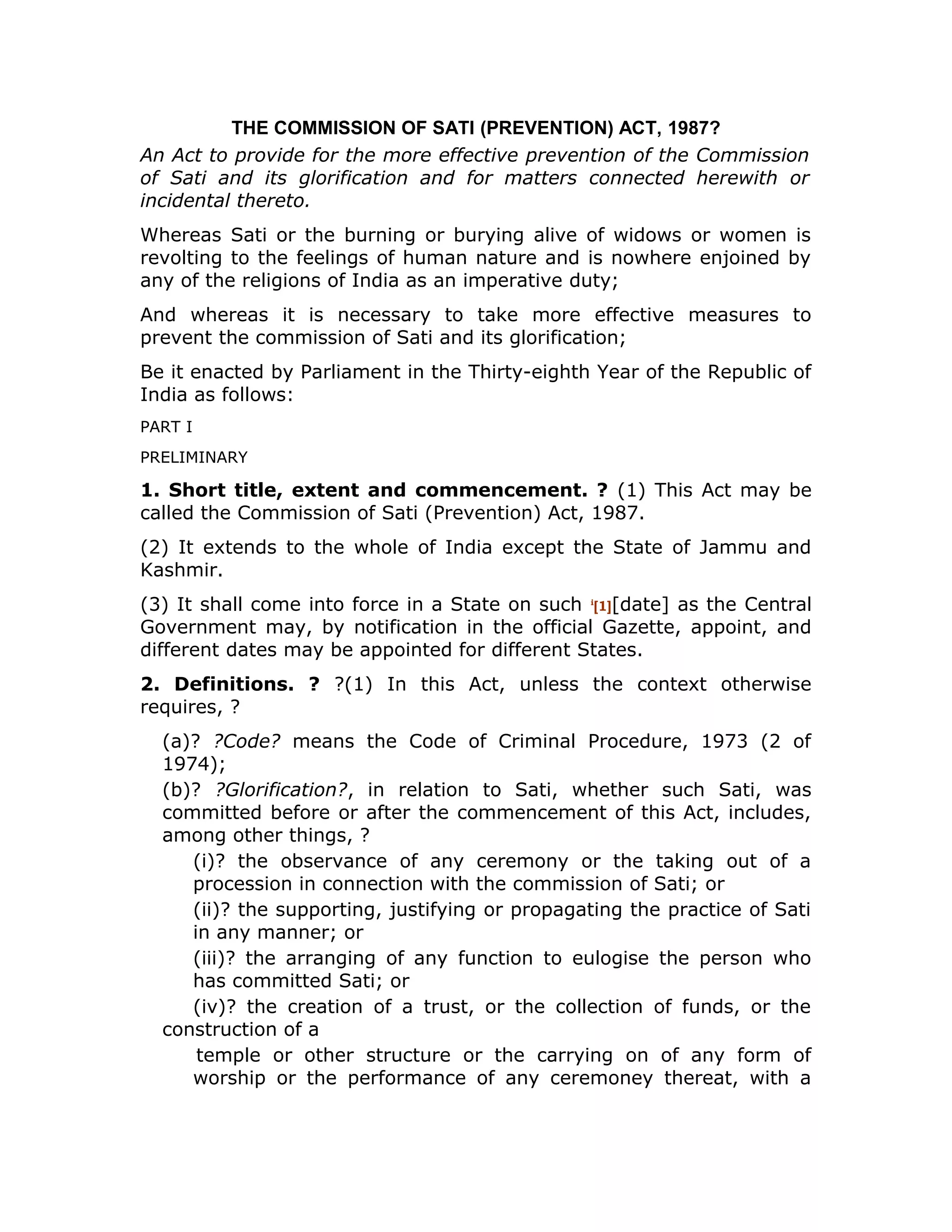 The commission of sati (prevention) act, 1987 | DOC