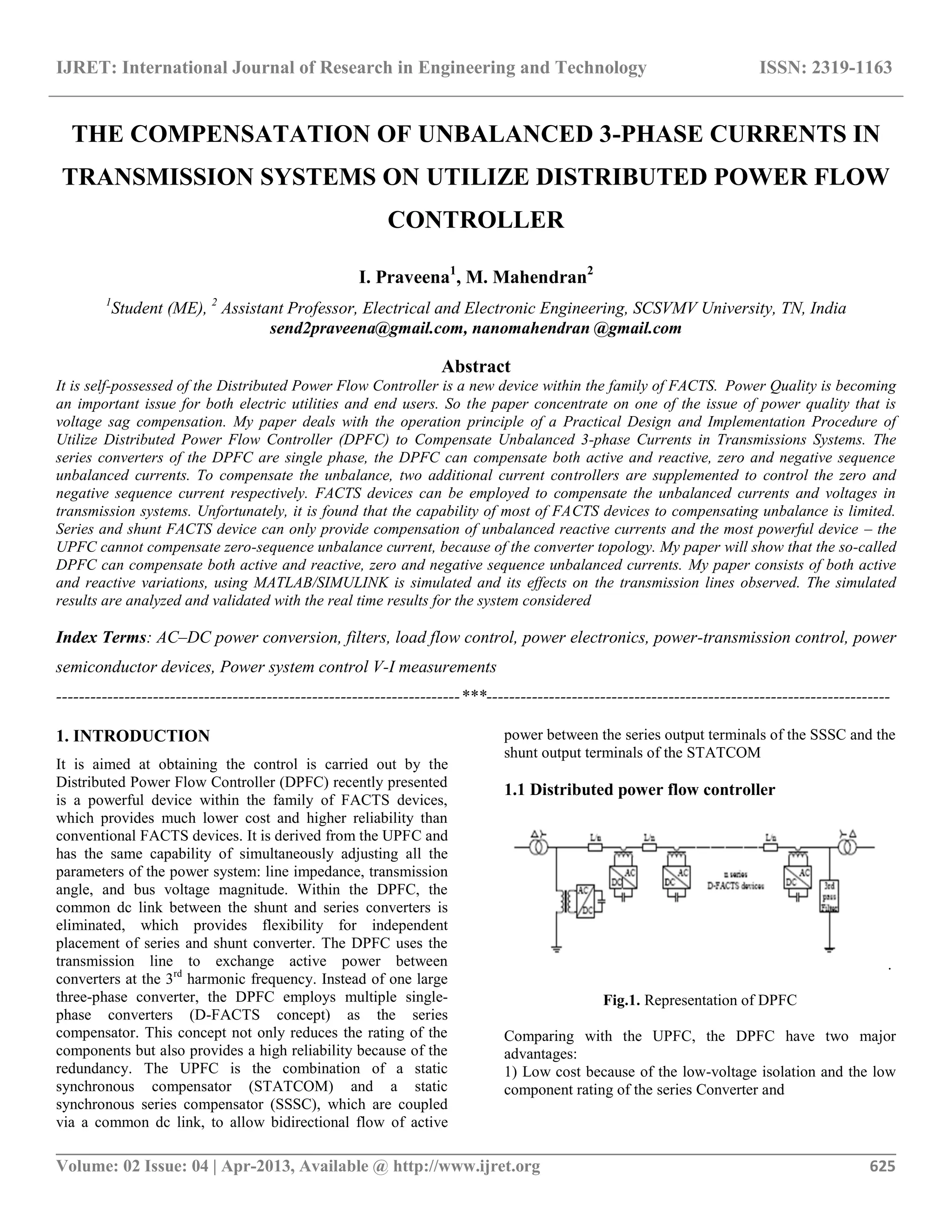 The compensatation of unbalanced 3 phase currents in transmission systems on utilize distributed ...