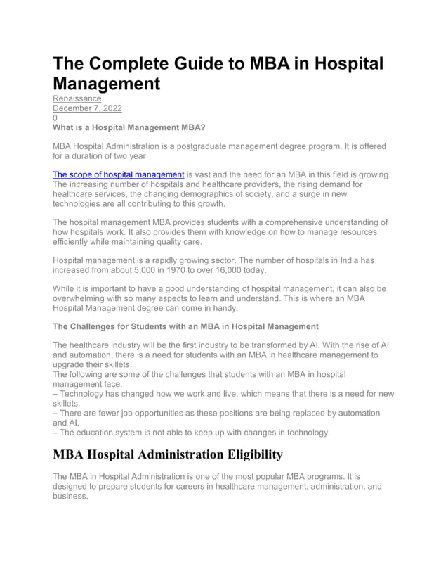 The Complete Guide to MBA in Hospital Managemen | PDF