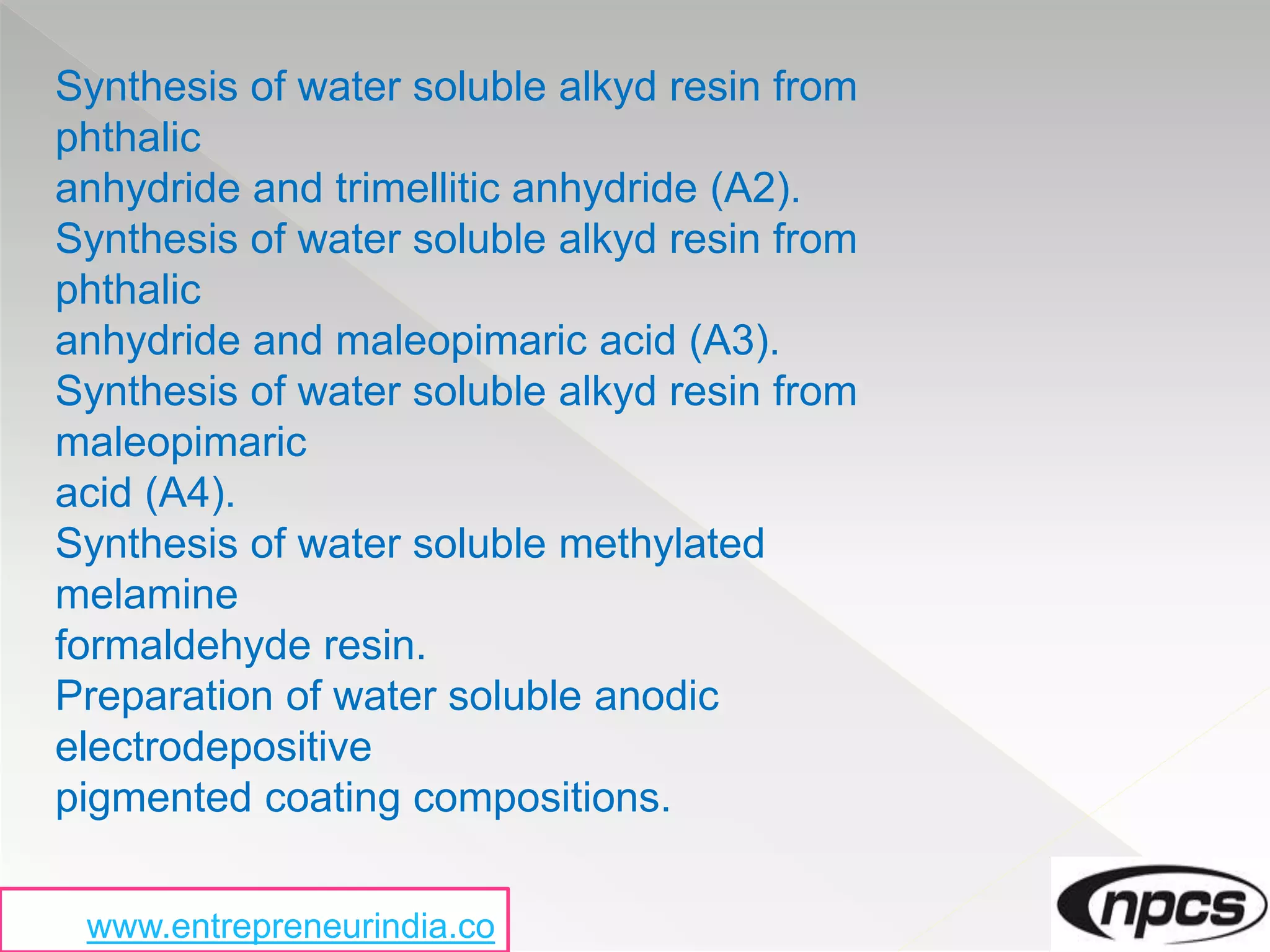 Manufacturing of Synthetic Resins with Formulae & Processes | PPT