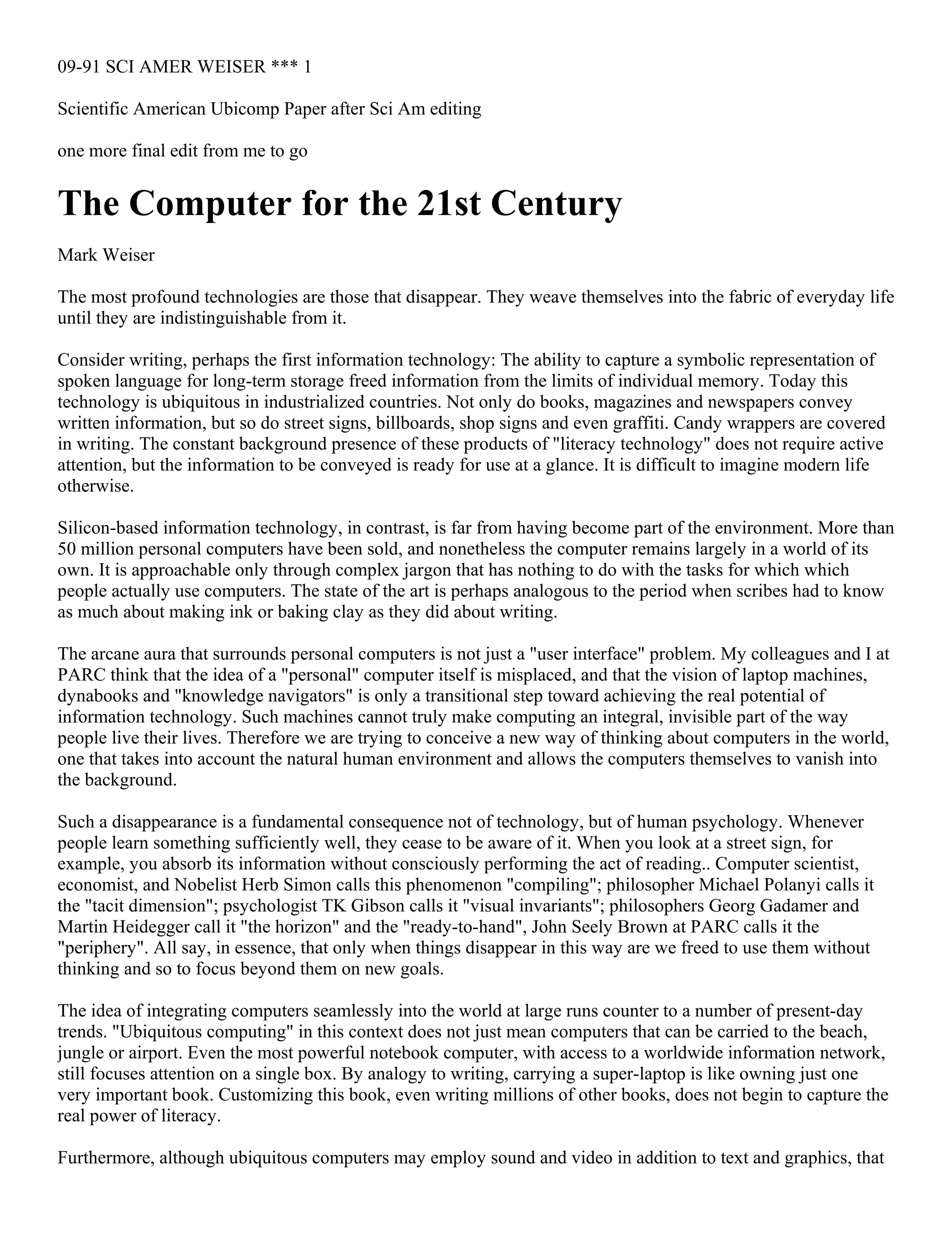 The computer for the 21st century - Mark Weiser, 1991 | PDF | Computing ...