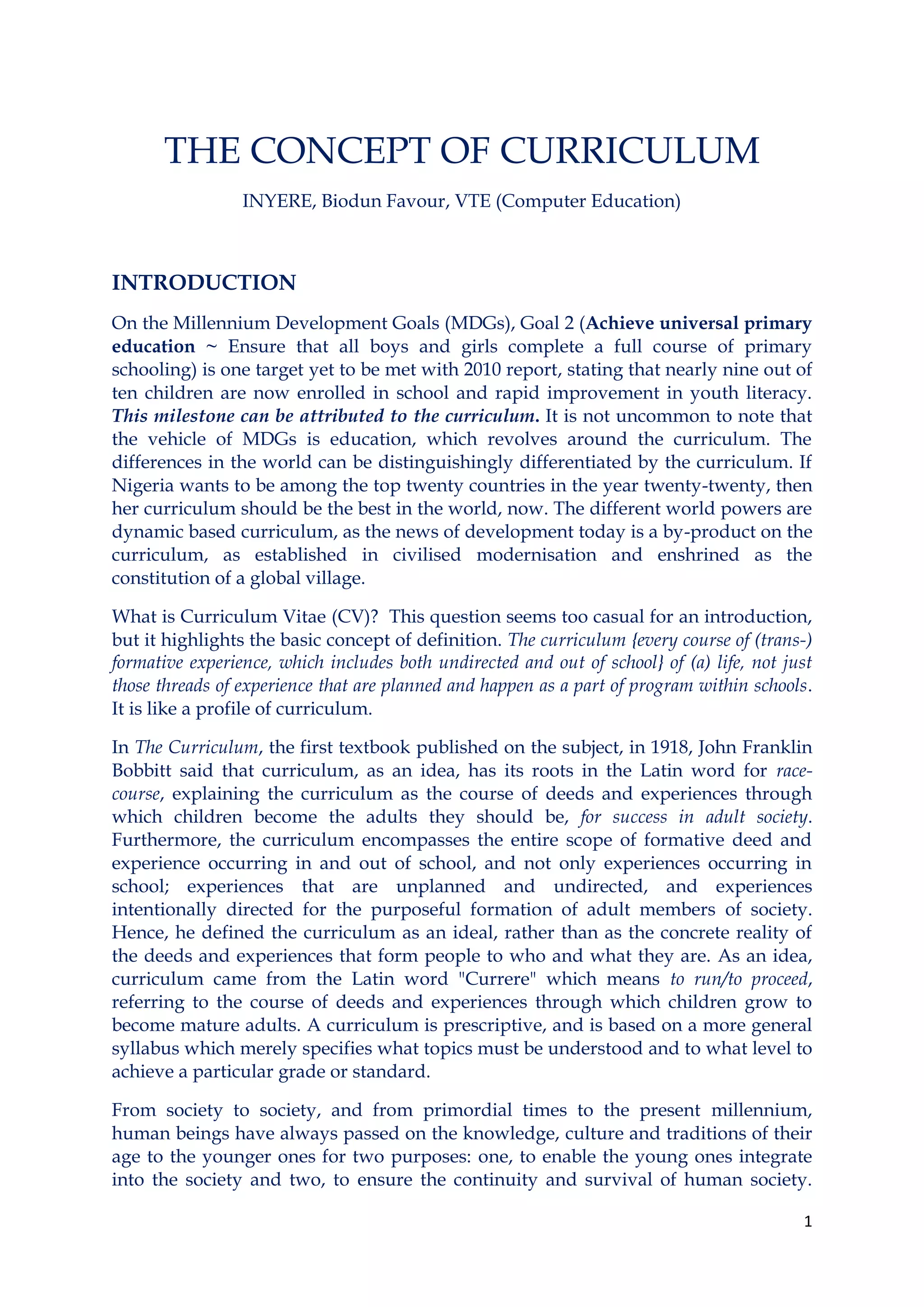 The concept of curriculum | PDF