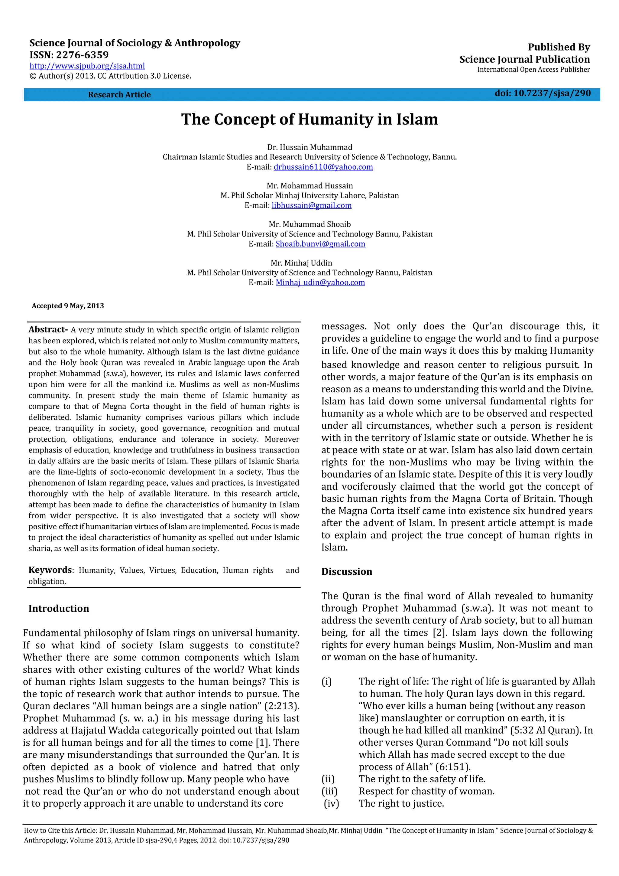 The Concept of Humanity in Islam and its effects at future of humanity | PDF