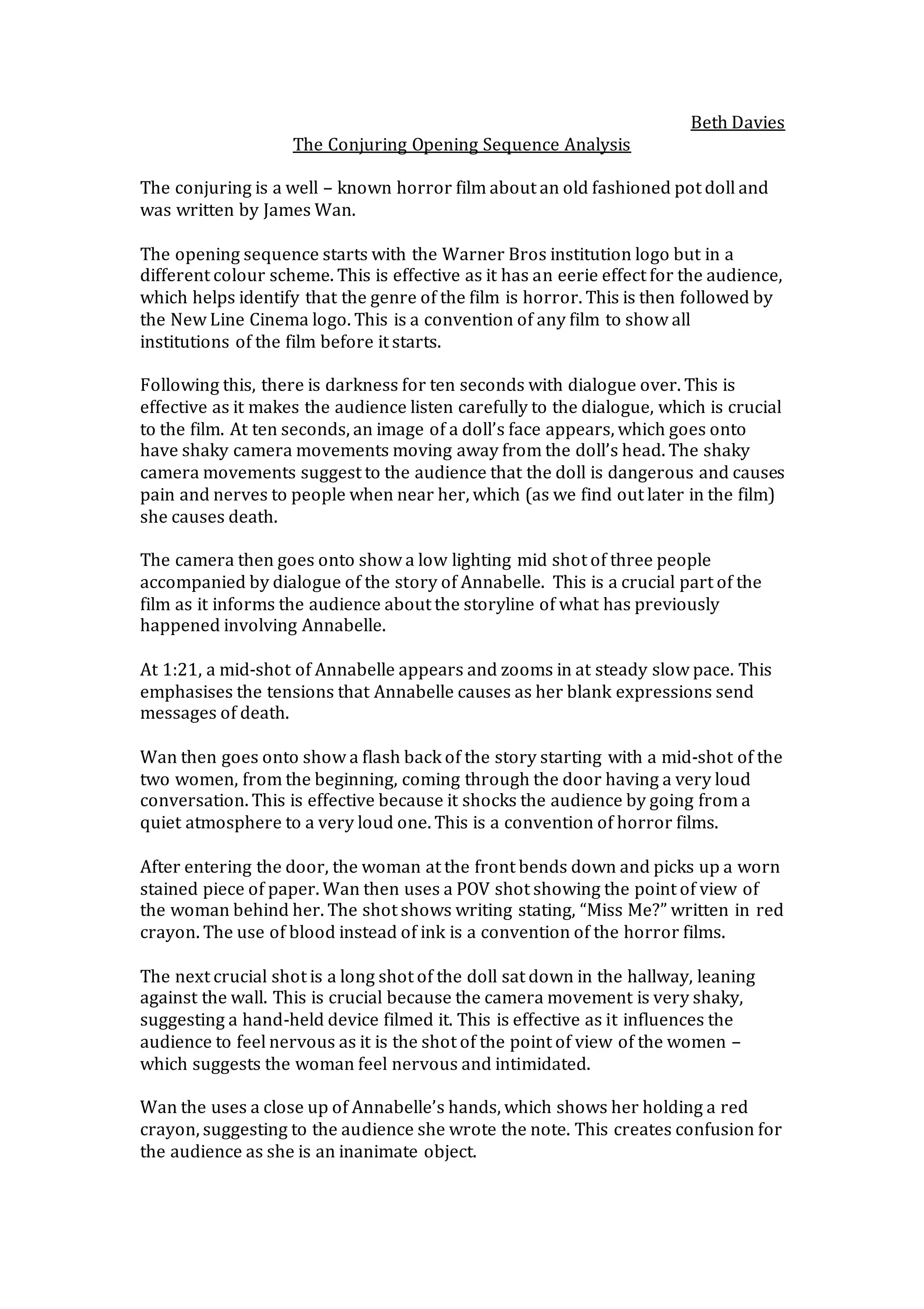 The conjuring opening sequence analysis (1) | DOCX