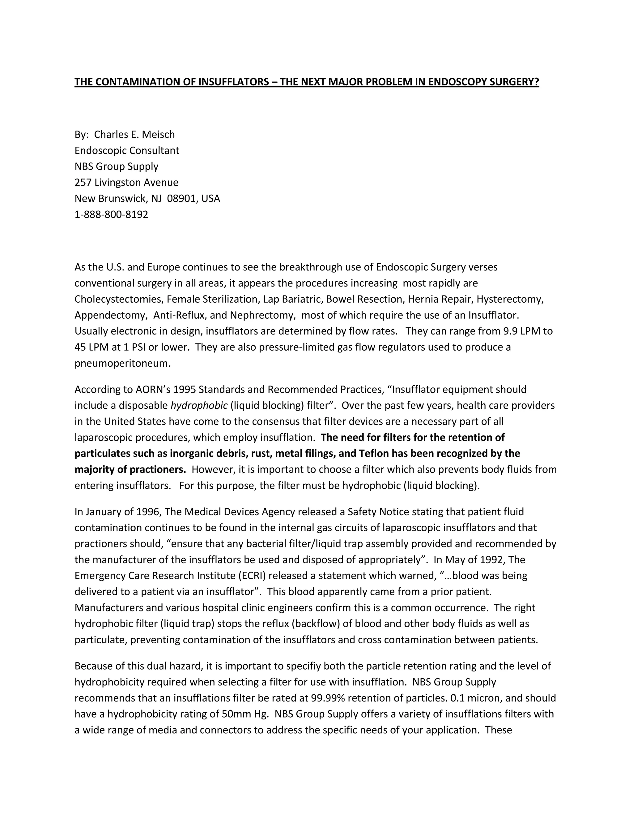 The Contamination Of Insufflators | DOCX