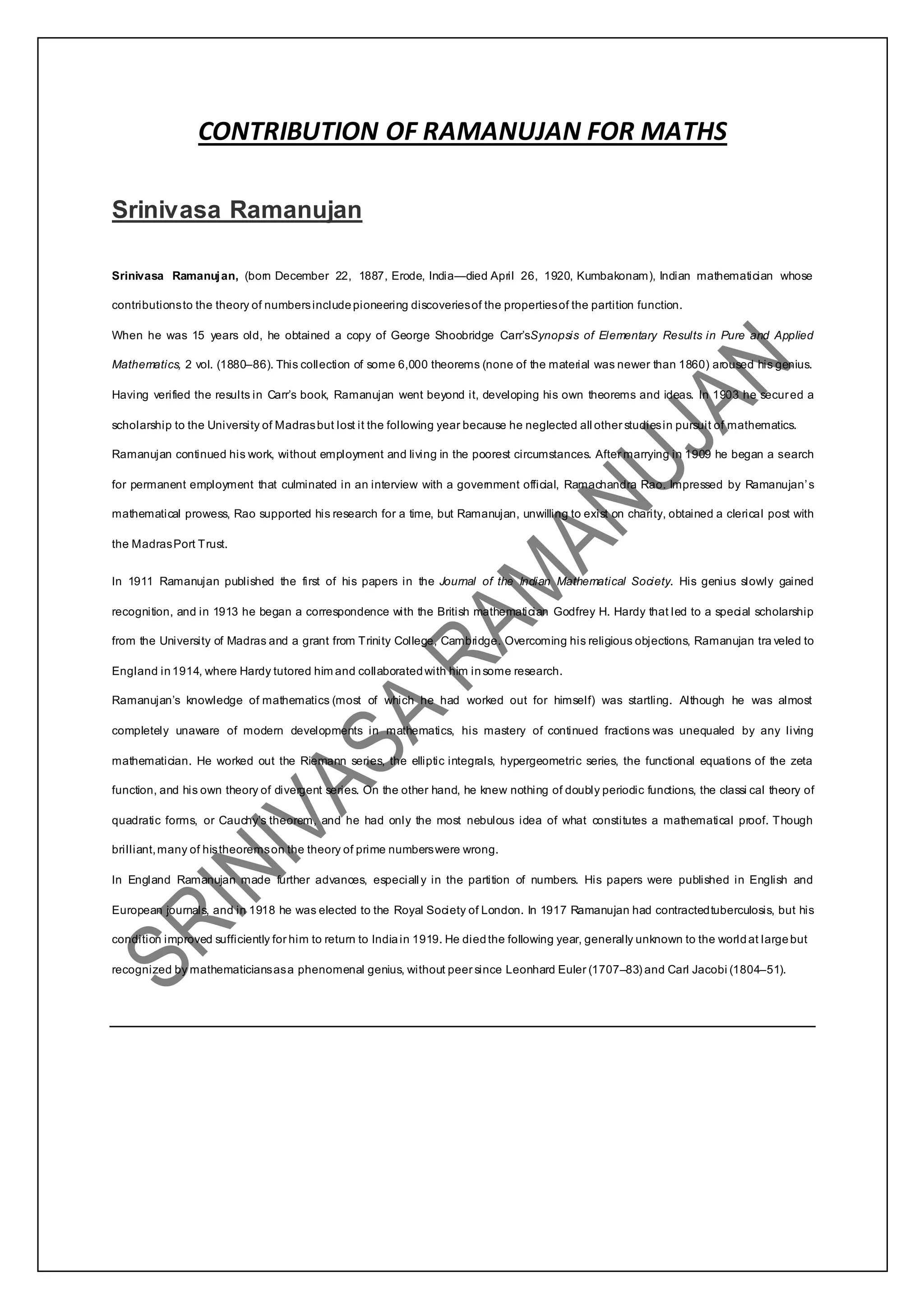 The contributions of ramanujan for maths | PDF