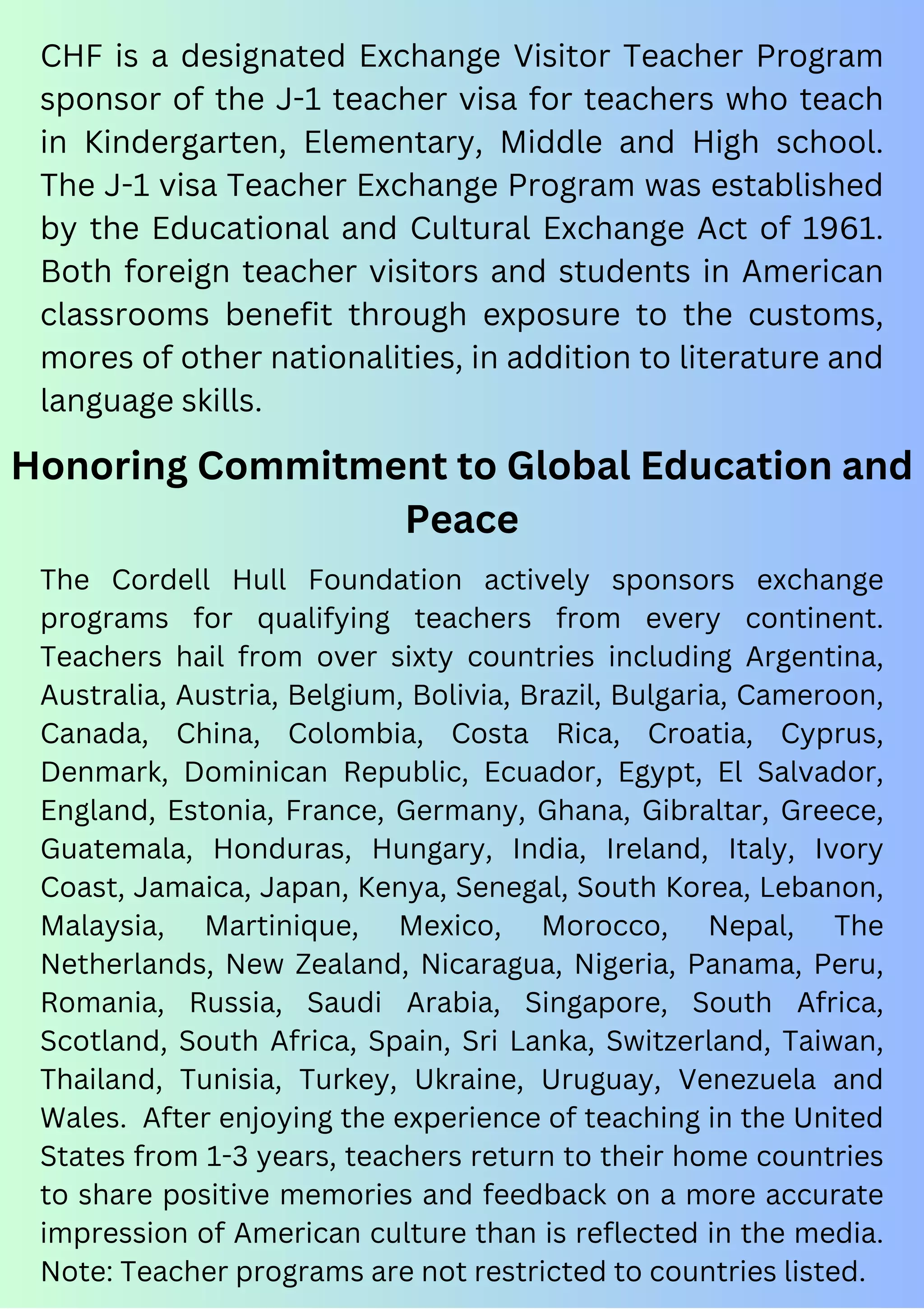 Cordellhull Foundation Exchange Teacher Visa Program | PDF