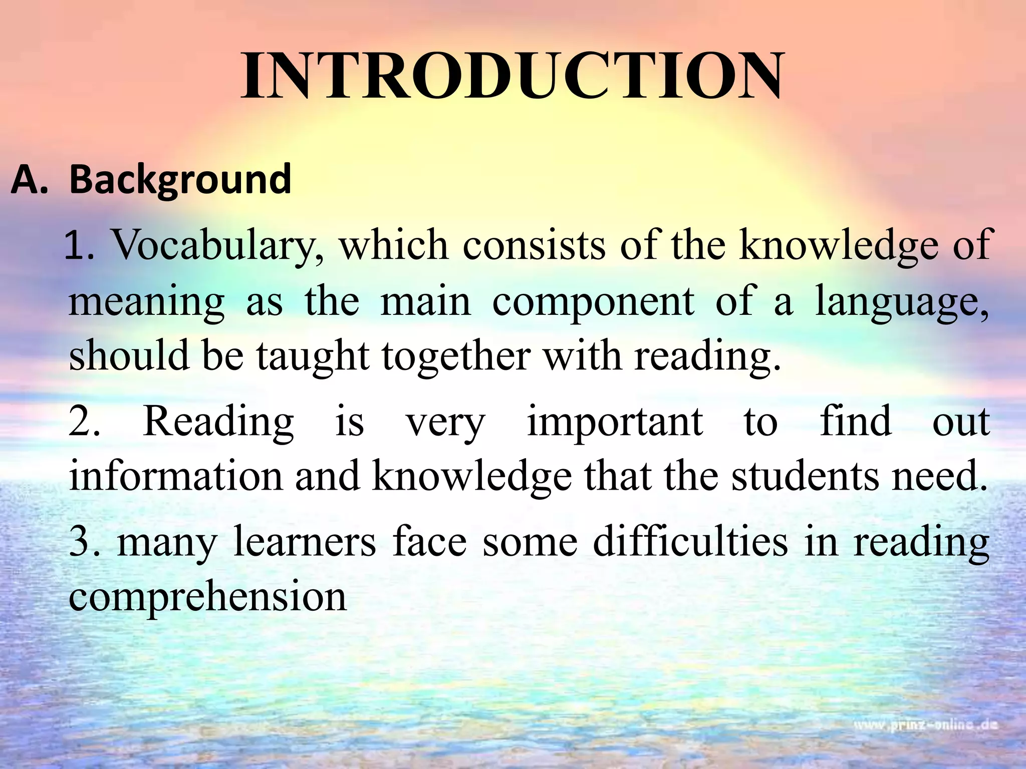The correlation between vocabulary mastery and reading comprehension | PPTX | Standardized ...
